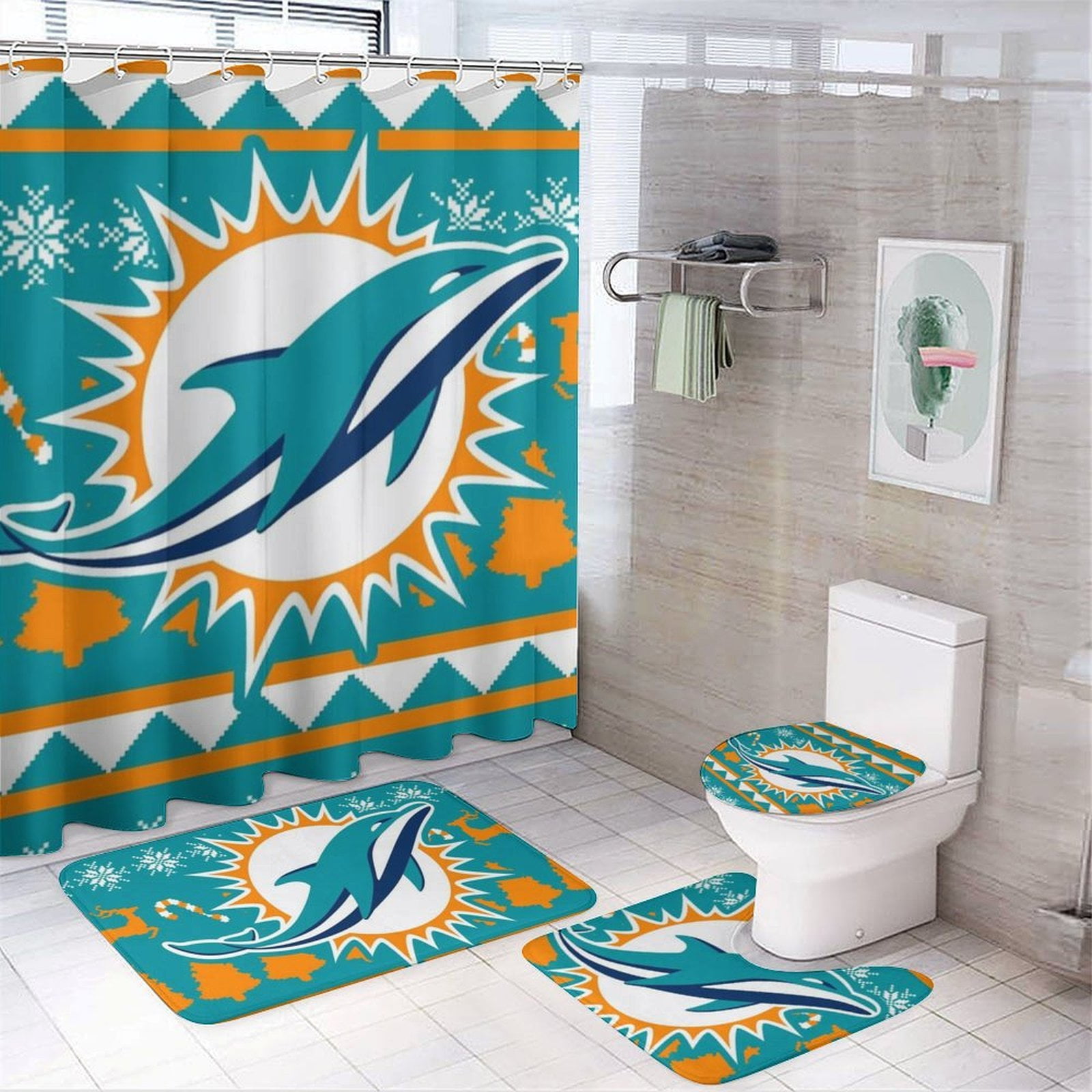 4 Pcs Miami Shower Curtain Set with Toilet Lid Cover Mat, Non-Slip Rug ...
