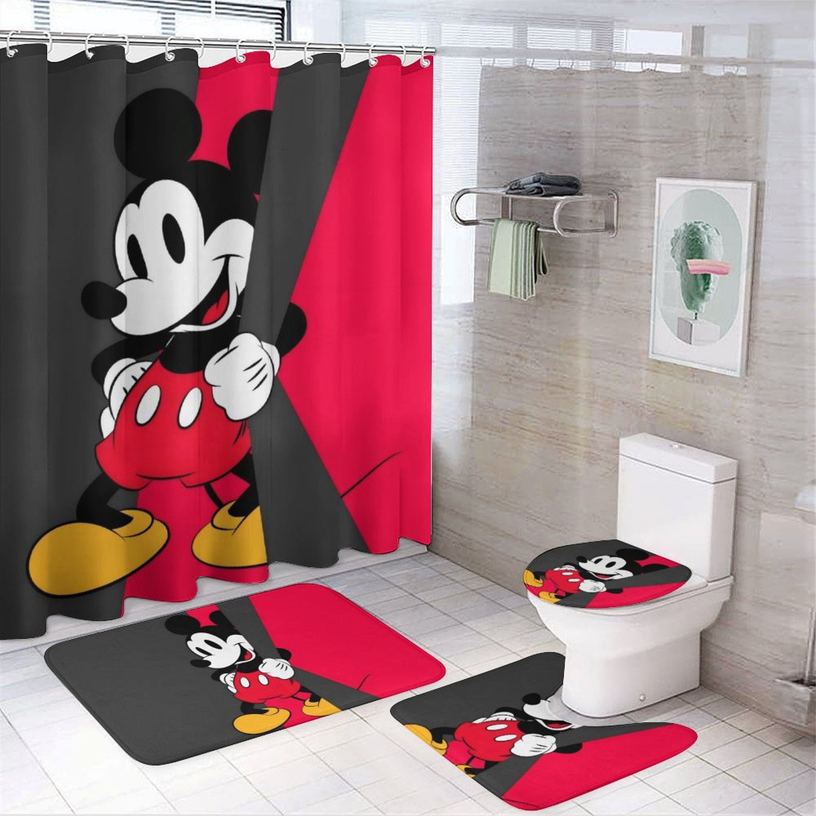 4 Pcs Mickey Mouse Bathroom Set with Shower Curtain with 12 Hooks, Non ...