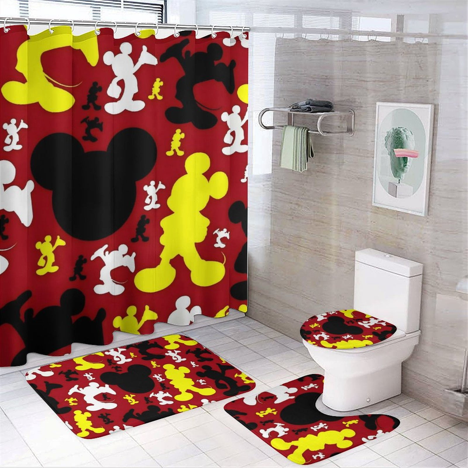 4 Pcs Mickey Mouse Bathroom Set with Shower Curtain with 12 Hooks, Non ...