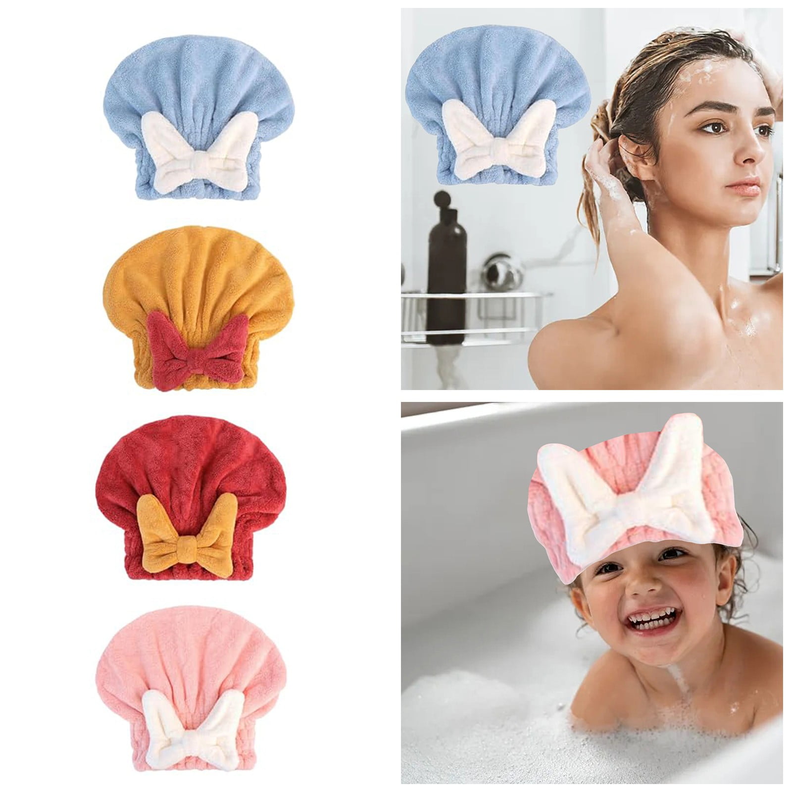 4 Pcs Microfiber Hair Drying Caps, Extrame Soft & Ultra Absorbent, Bow ...