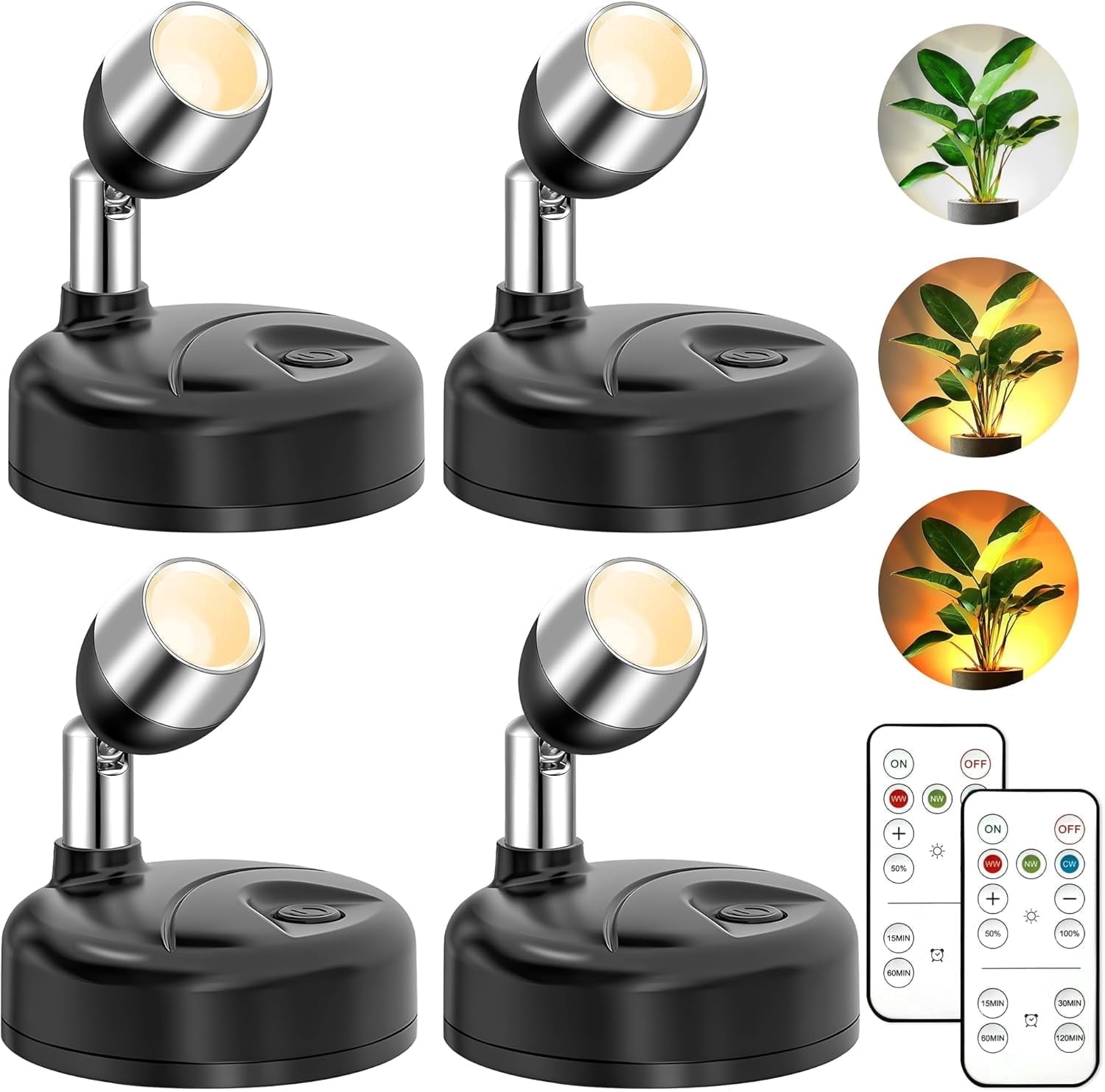4 Pcs Mini Rechargeable Spotlights with 2 Remote Control Indoor Plant ...