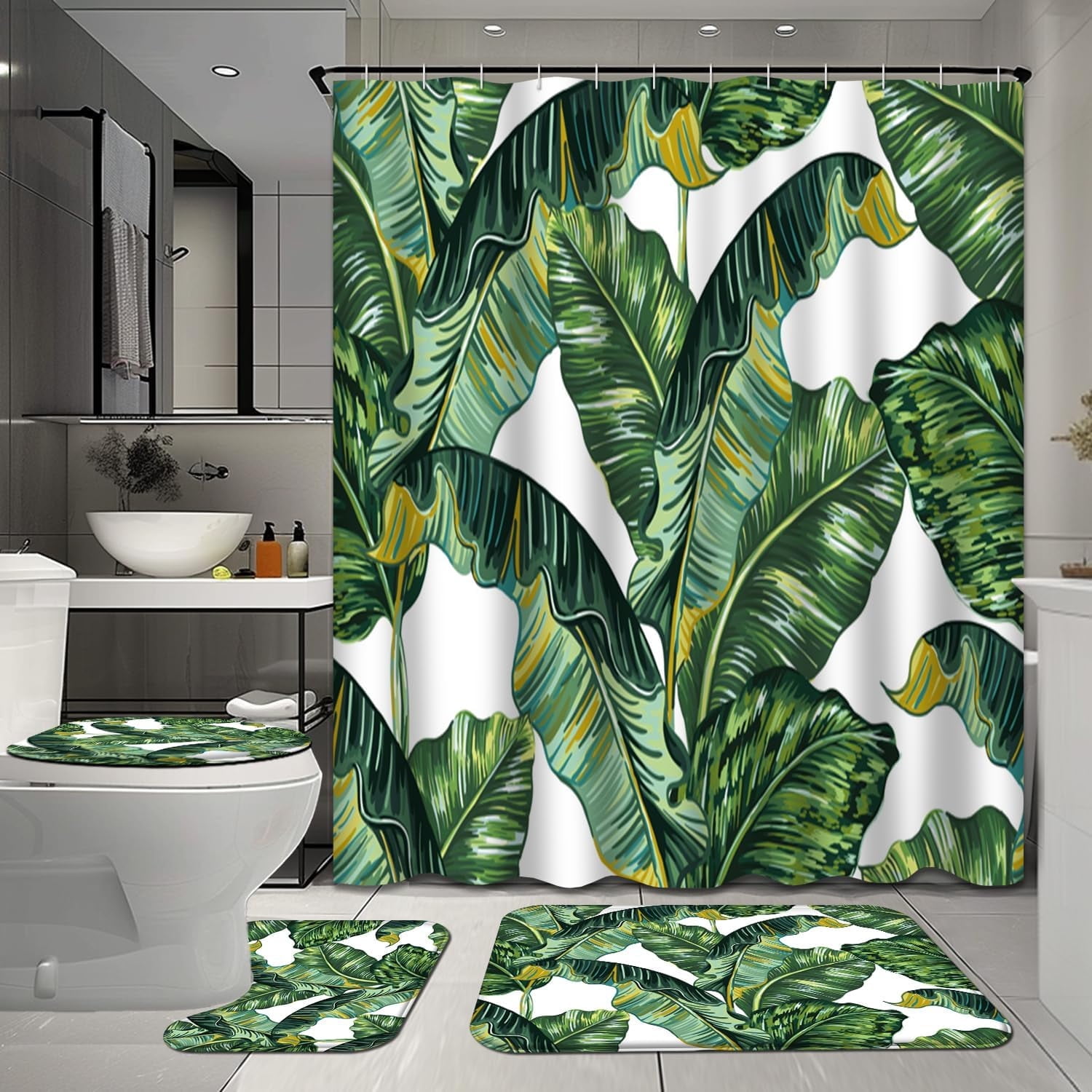 4 Pcs Modern Geometric Bathroom Shower Curtain Sets with Rugs, Gold ...