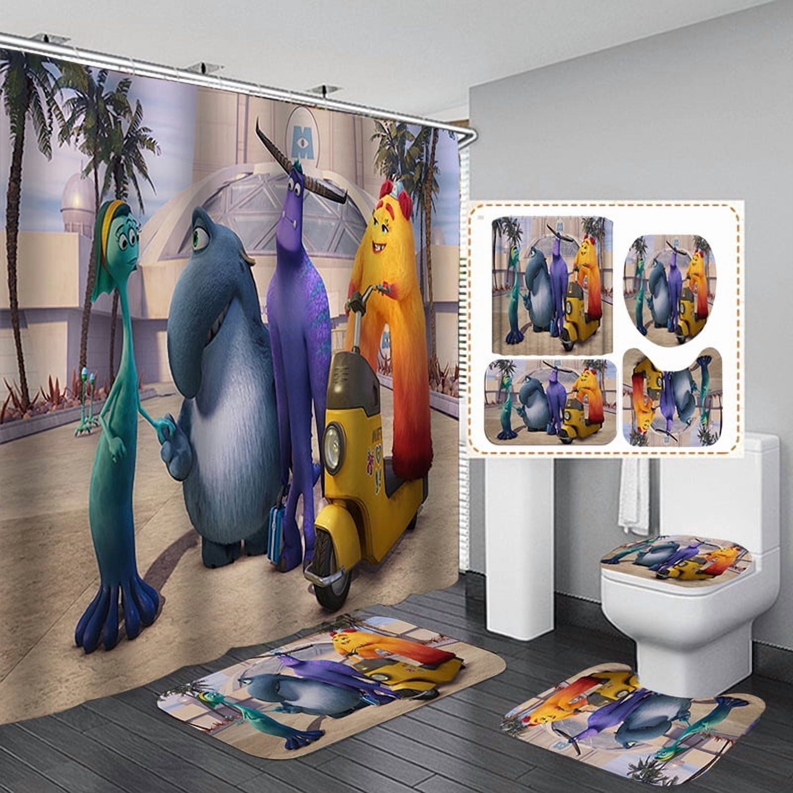 4 Pcs Monsters University Shower Curtain Sets with Non-Slip Rugs ...