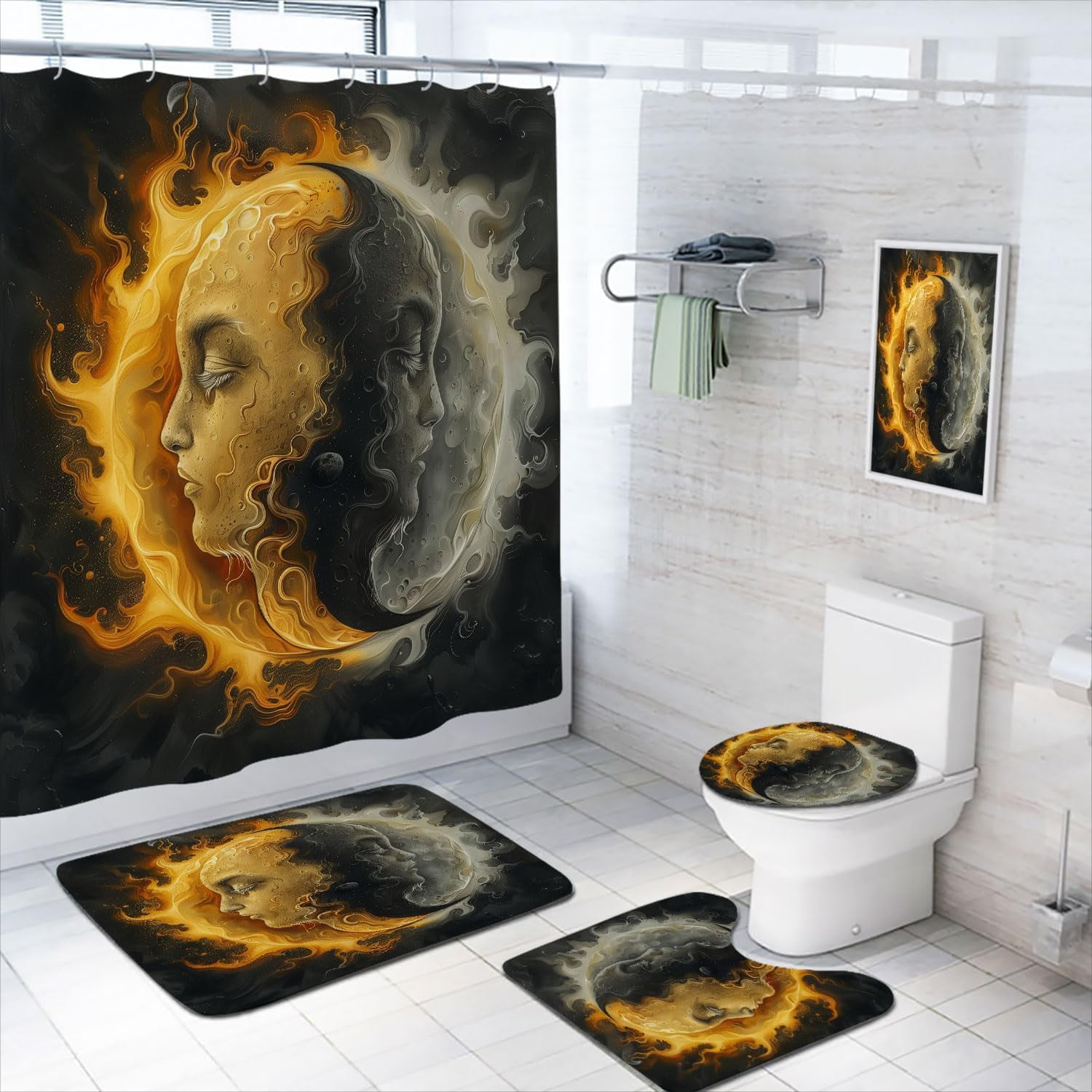 4 Pcs Moon Sun Shower Curtain Set with Rugs,Toilet Lid Cover, Bath Mat ...