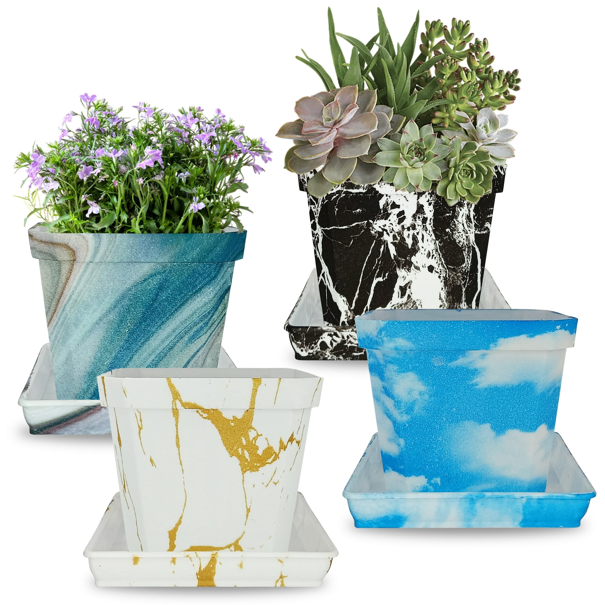 4 Pcs Multicolor Printed Plastic Flower Pots with Drainage Hole and ...