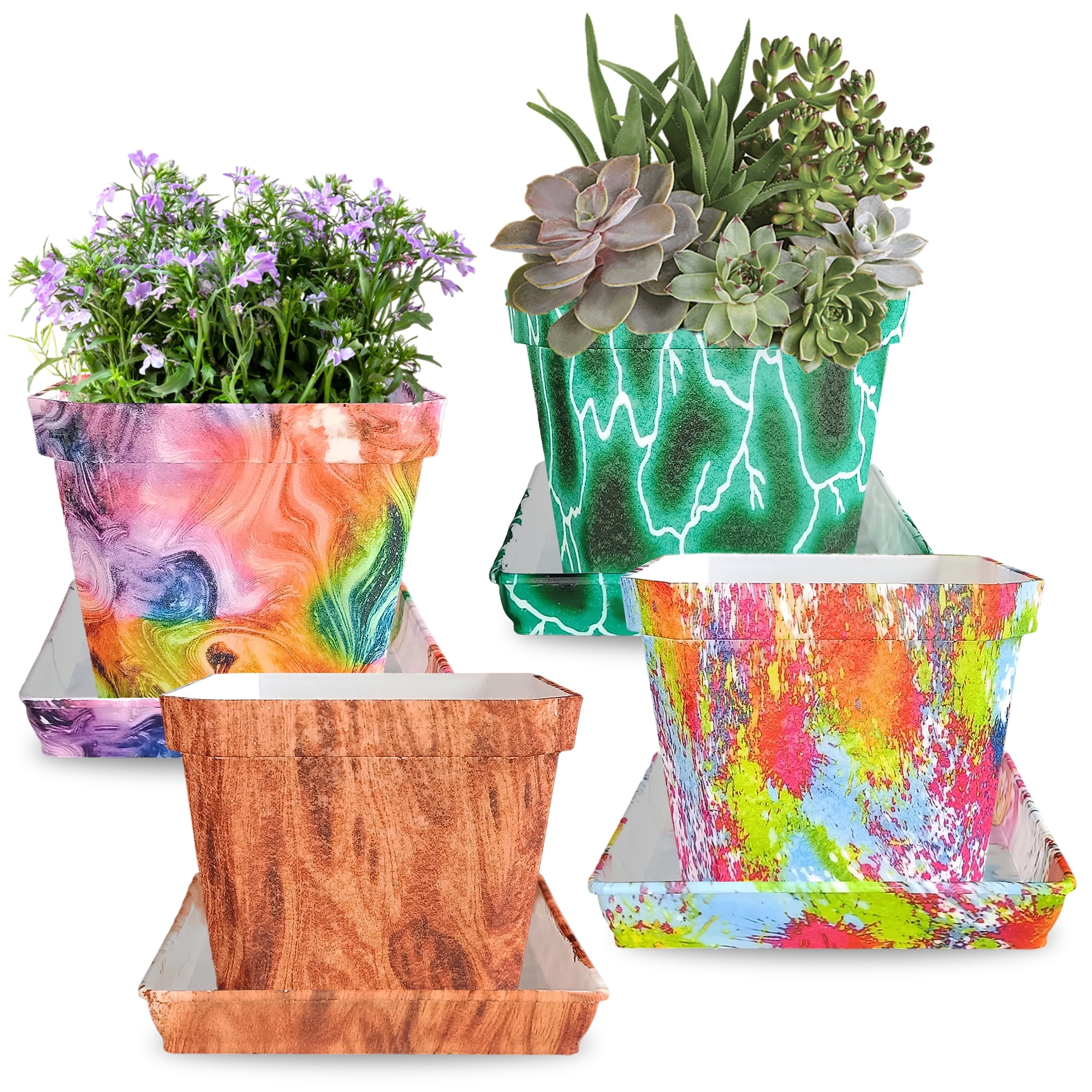 4 Pcs Multicolor Printed Plastic Flower Pots with Drainage Hole and ...