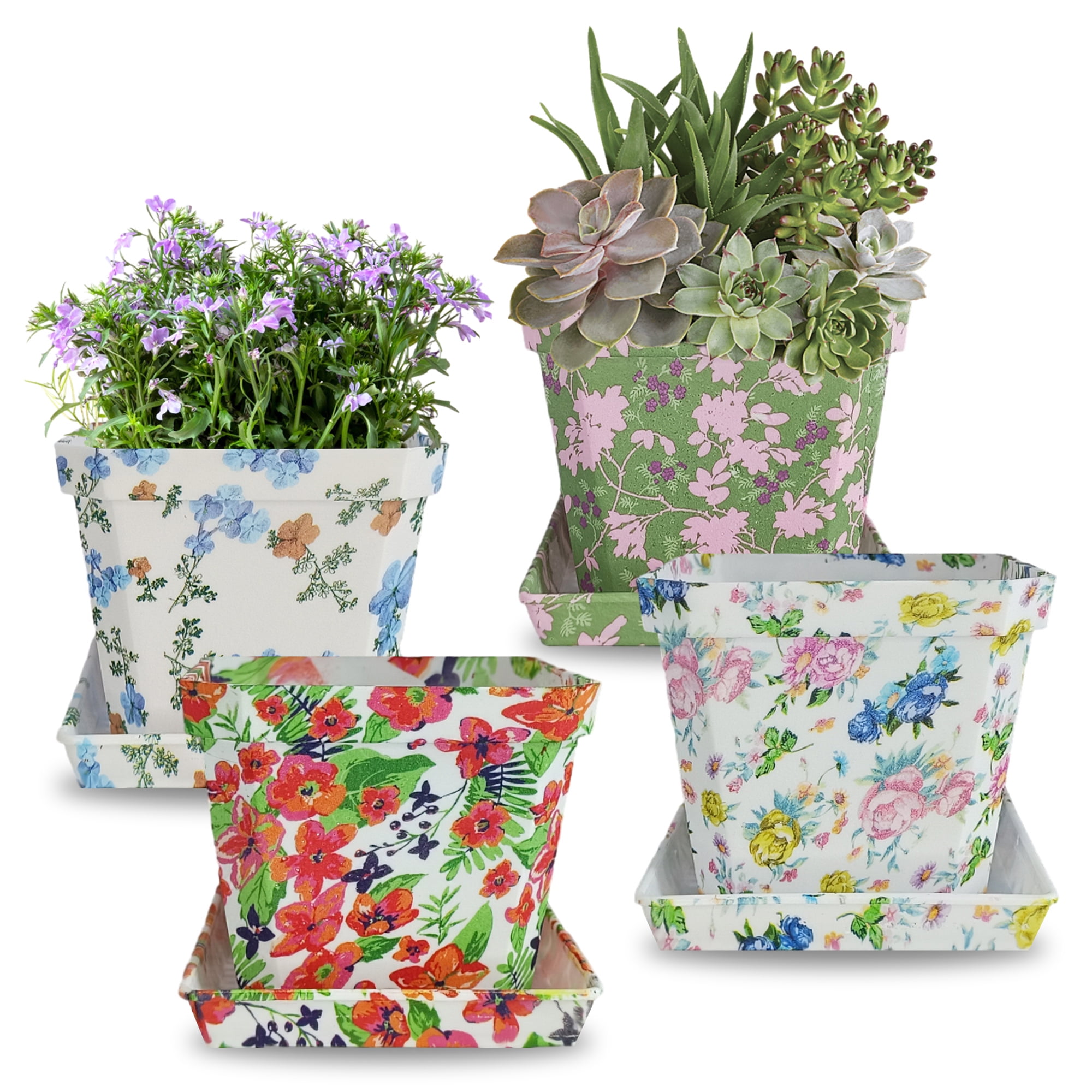 4 Pcs Multicolor Printed Plastic Flower Pots with Drainage Hole and ...