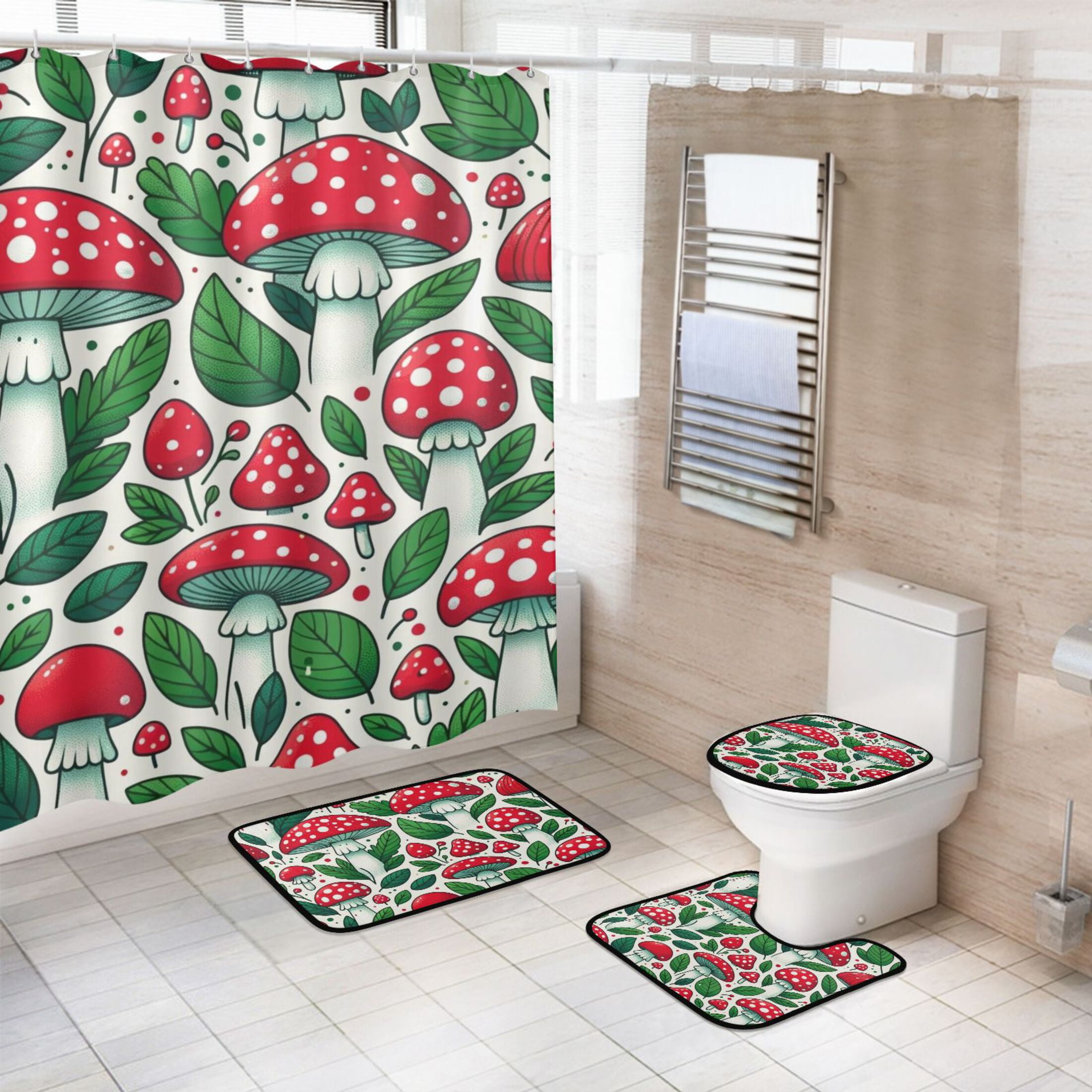 4 Pcs Mushroom and Leaces Bathroom Shower Curtain Set with 12 Hooks ...