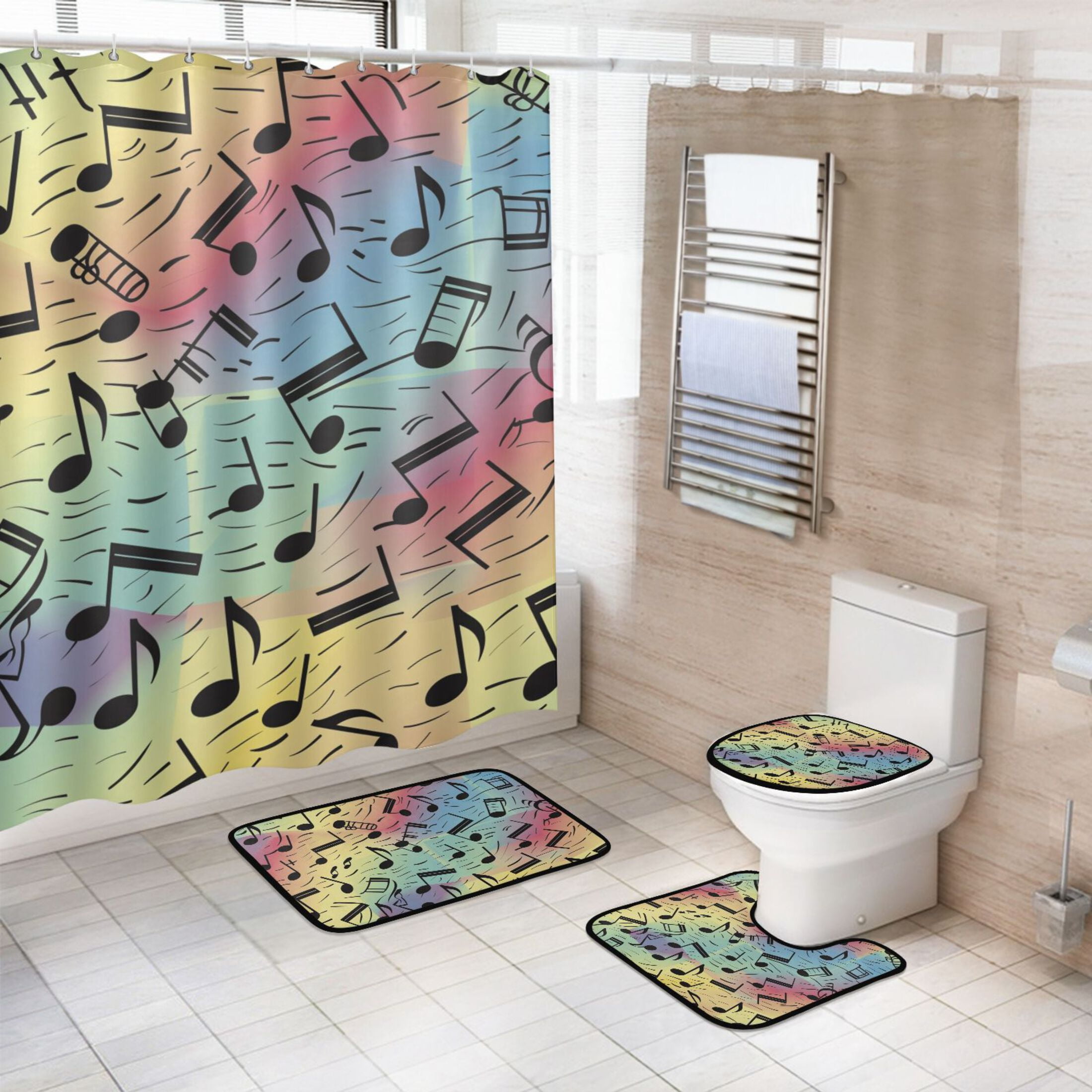 4 Pcs Musical Notes in Rainbow Bathroom Shower Curtain Set with 12 ...