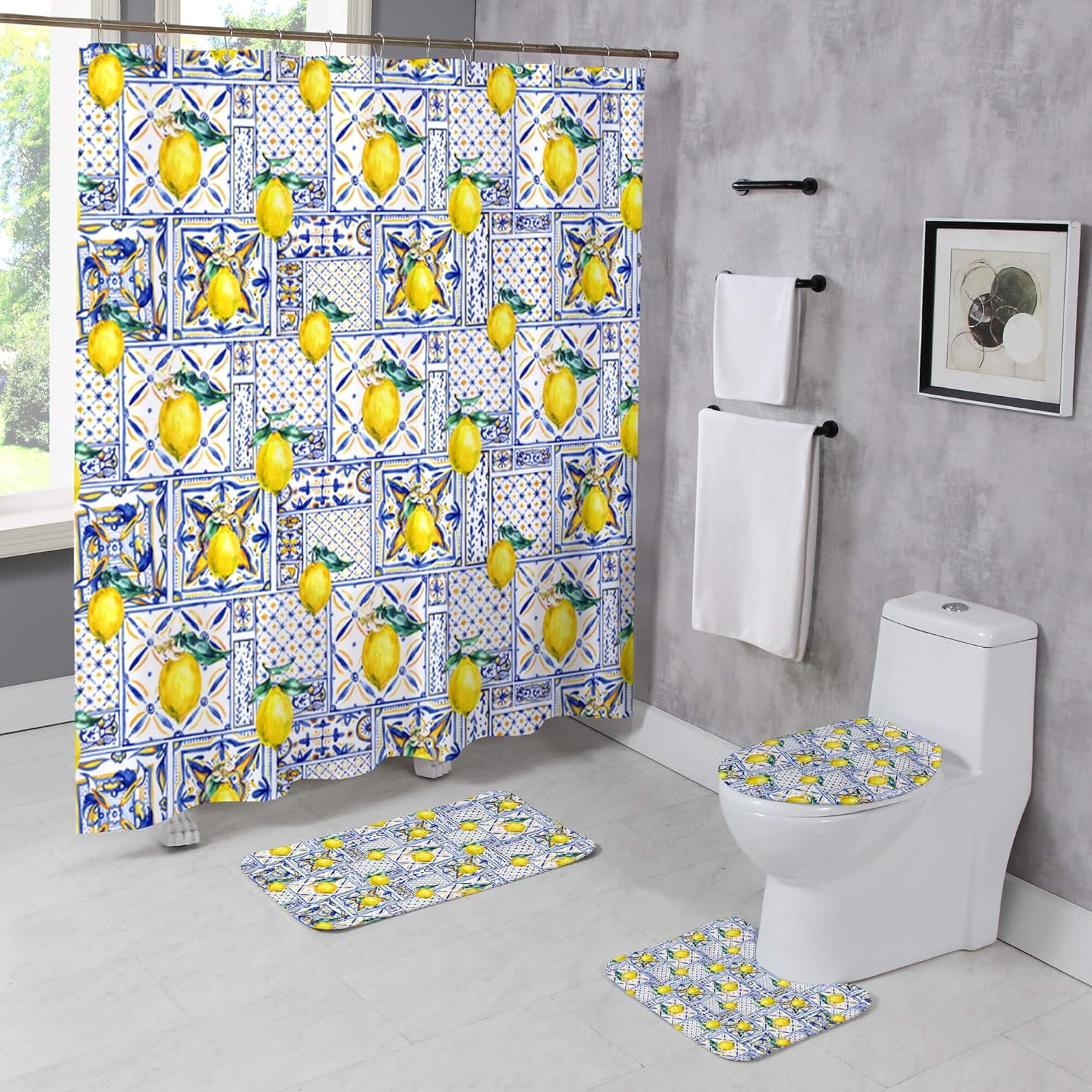 4 Pcs Blue Tiles Lemon Shower Curtain Sets with Rugs Summer Fruit ...