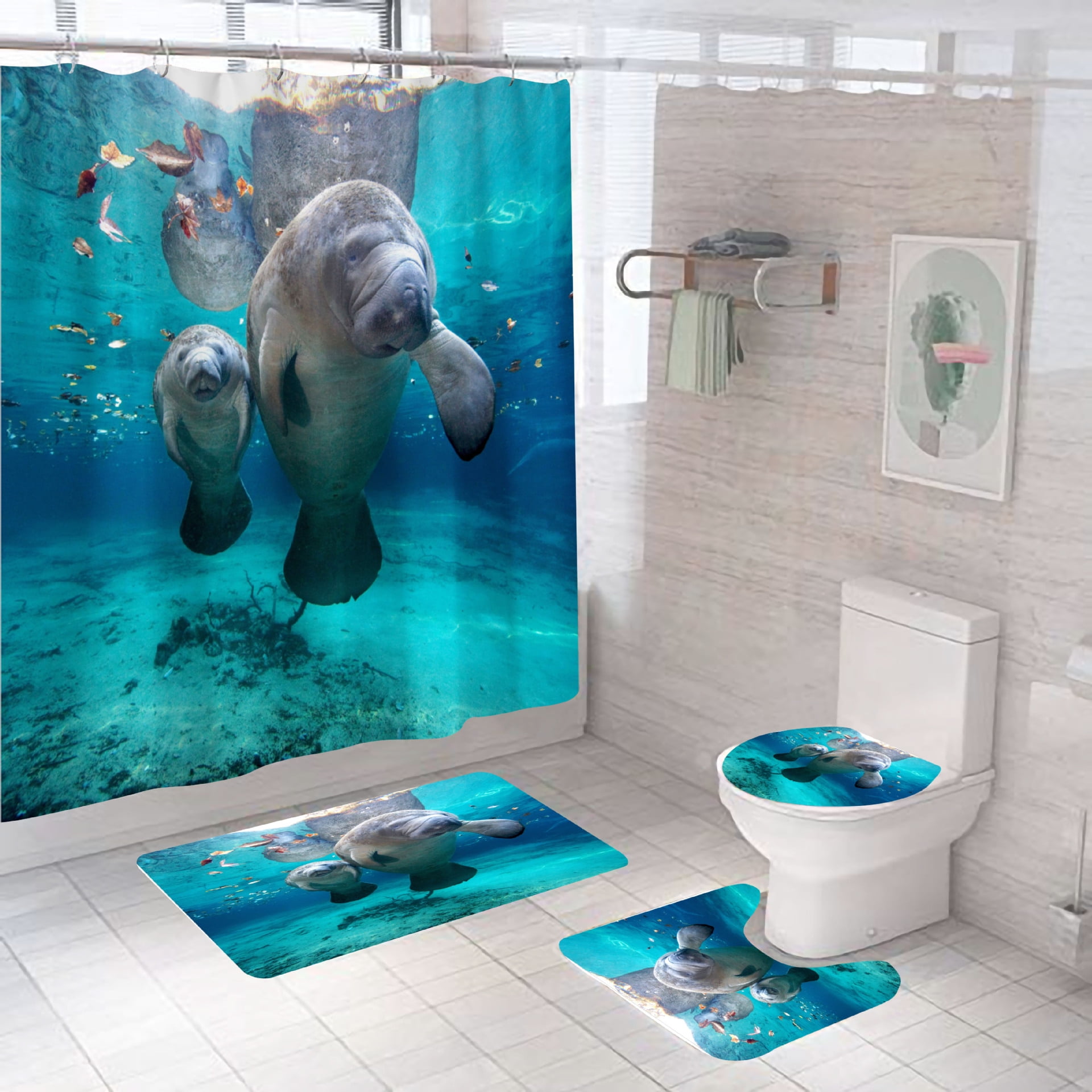 4 Pcs Nautical Sea Turtle Shower Curtain Set Ocean Bathroom Decor Sea ...