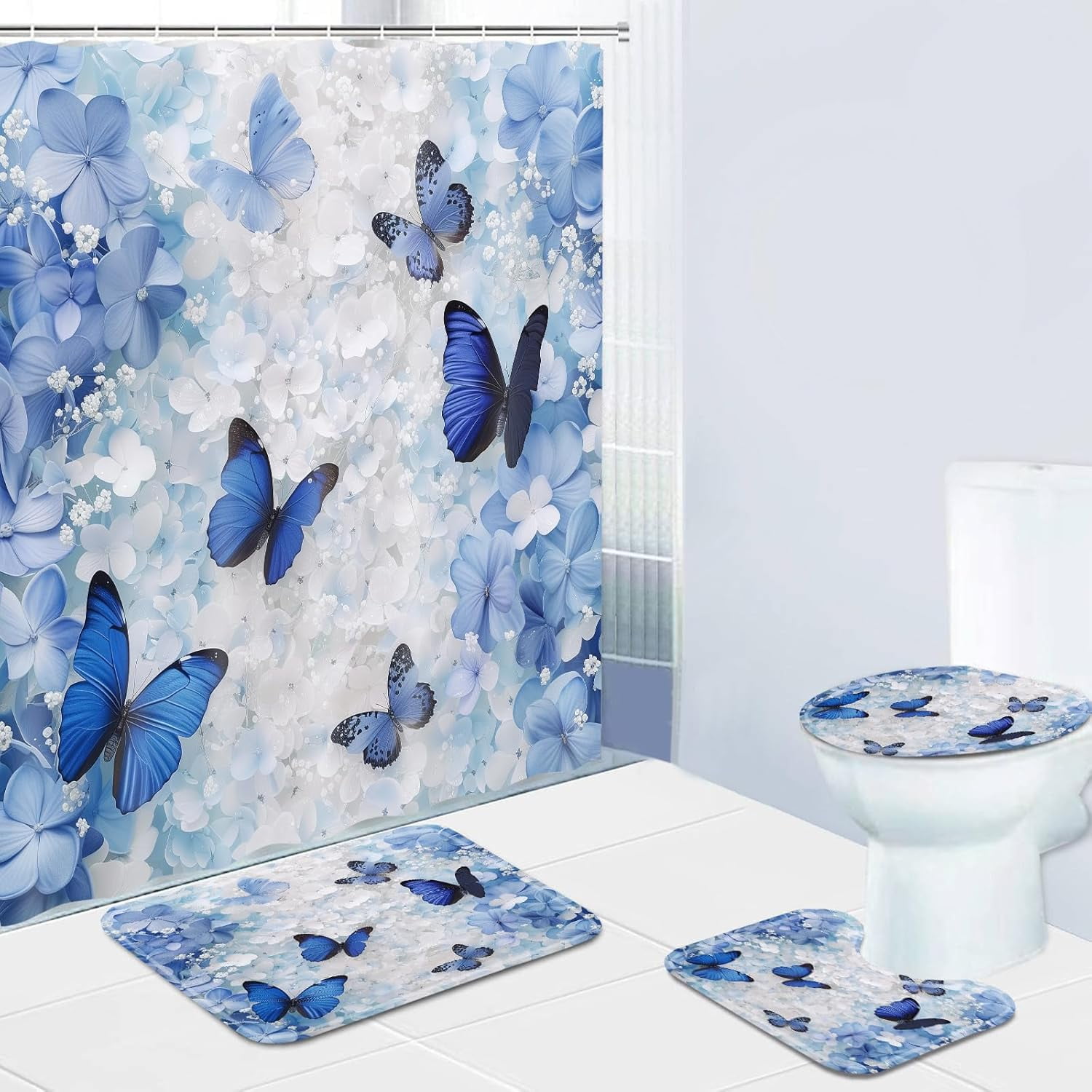 4 Pcs Navy Blue Floral Shower Curtain Set Bathroom Sets with Waterproof ...