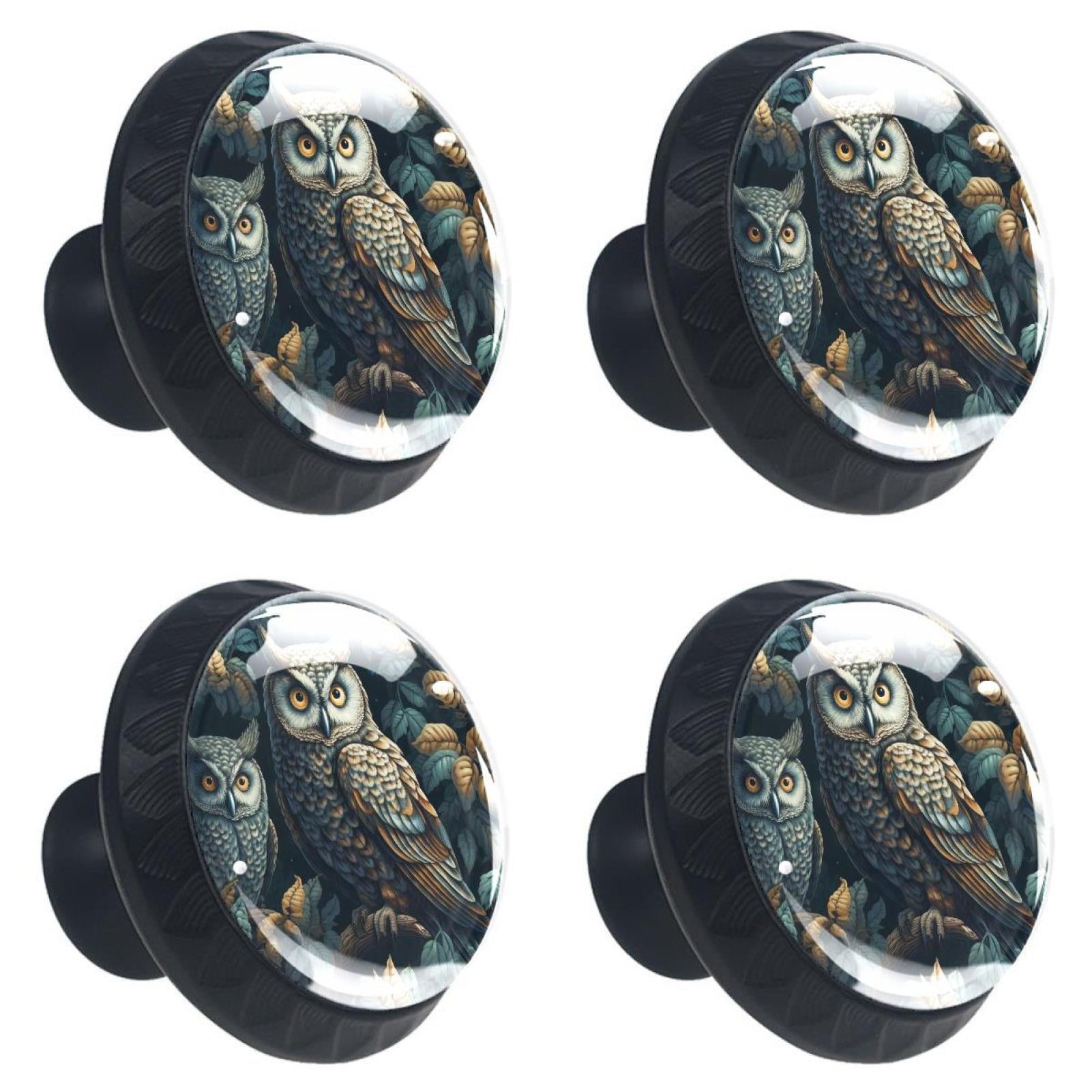 4 Pcs Night Owl Print Cabinet Knobs 30mm Round Crystal Glass Drawer ...
