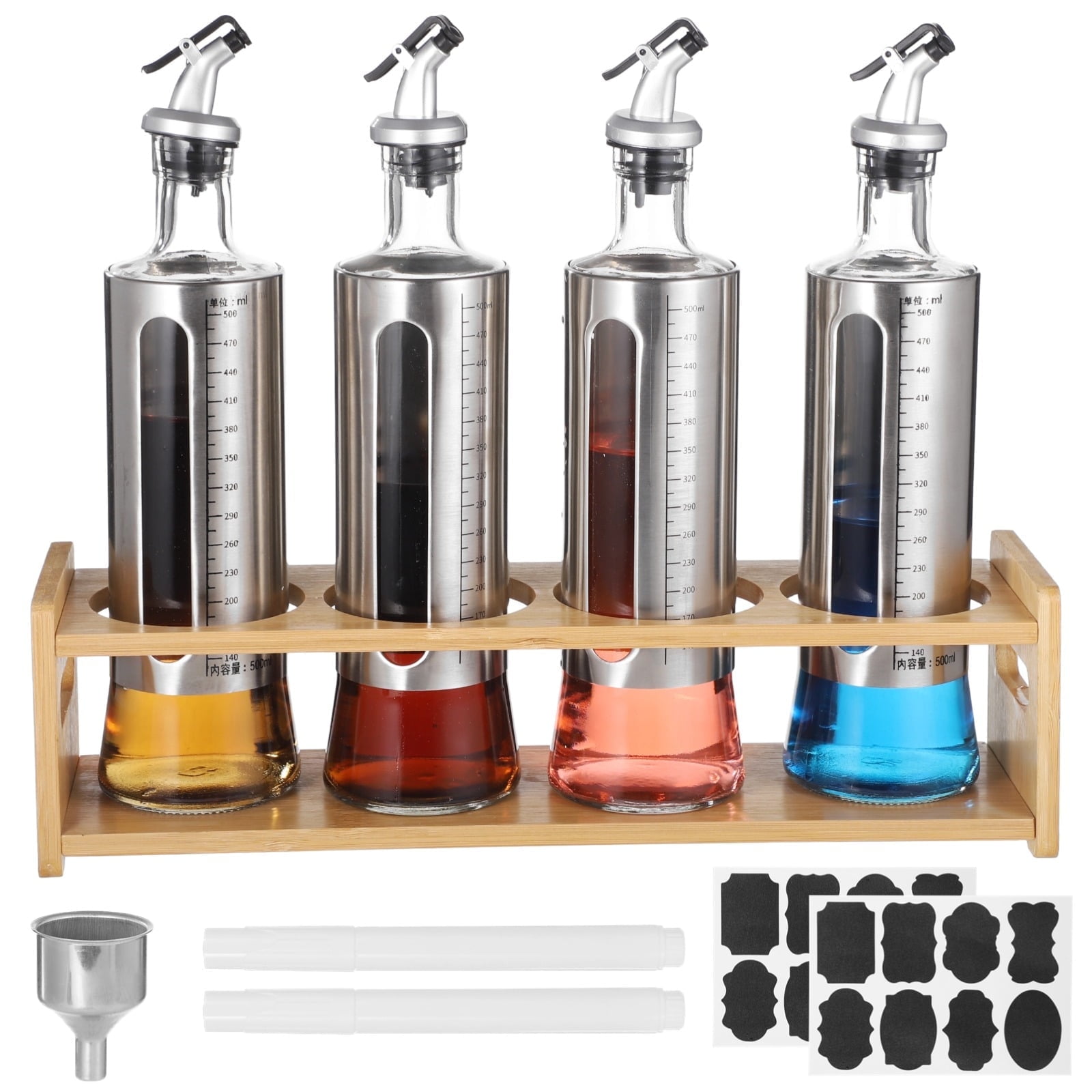 4 Pcs Premium Glass Oil Dispenser Set with Wooden Stand – 17oz Olive ...
