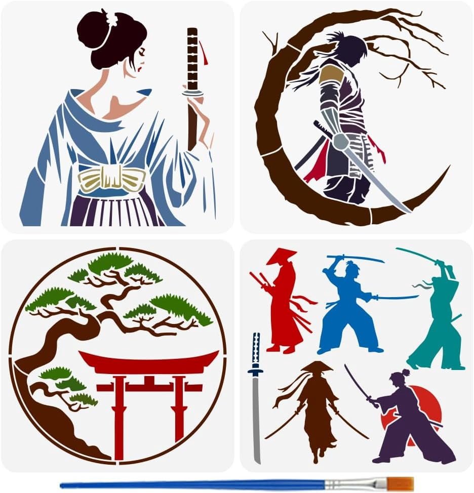 4 Pcs Oriental Samurai Painting Stencil with Brush 11.8x11.8inch Female ...