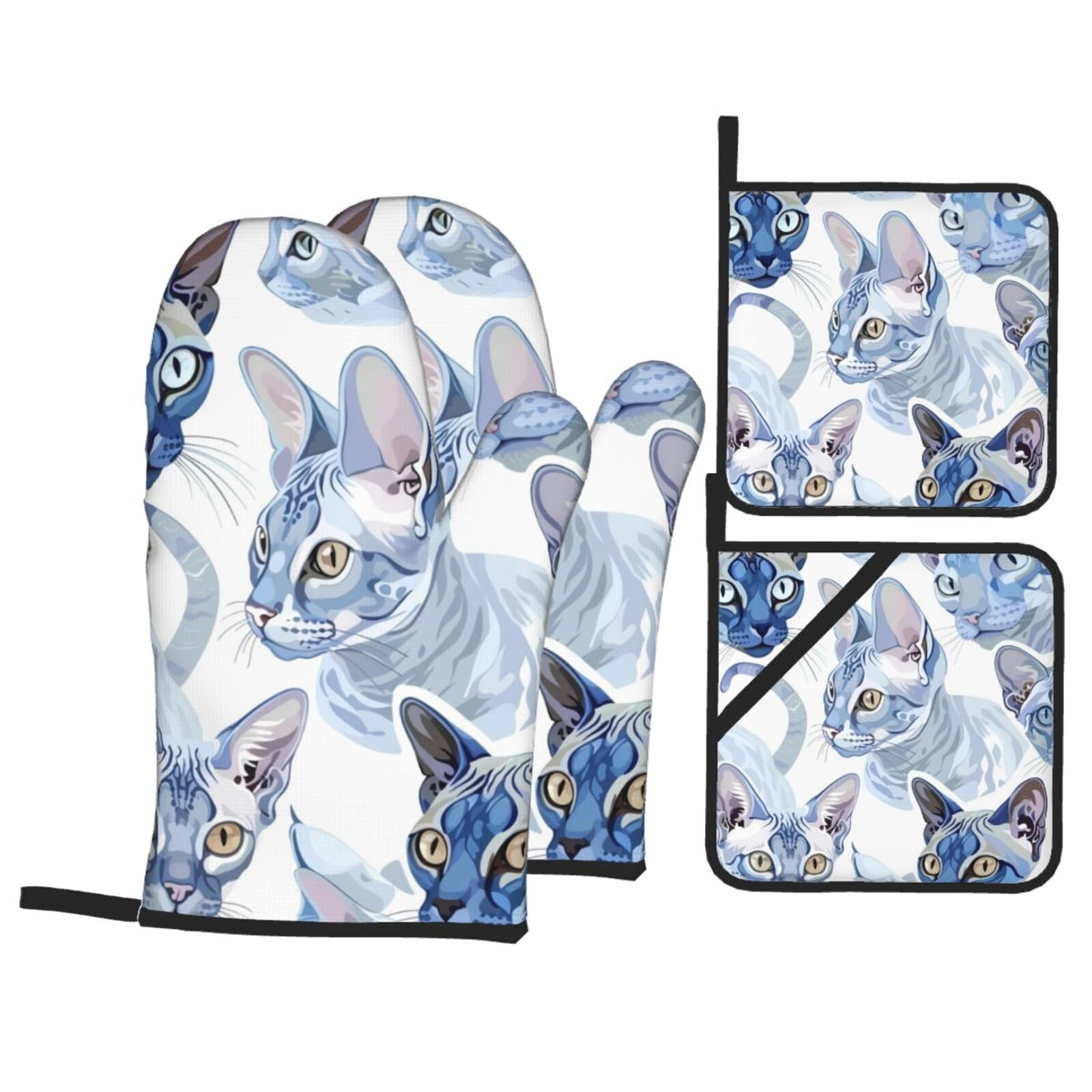 4 Pcs Oven Mitts and Pot Holders Set Blue Cats Illustration Pattern ...