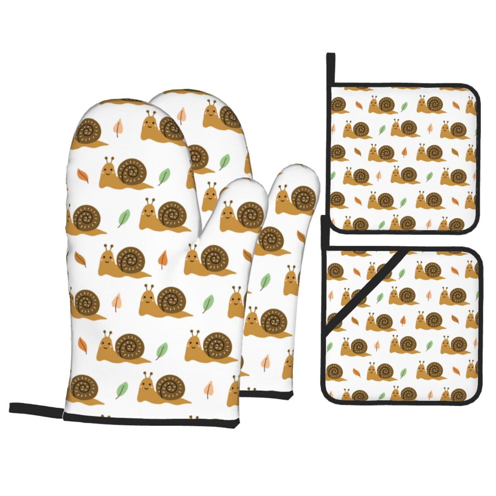 4 Pcs Oven Mitts and Pot Holders Set Brown White Snail Print High Heat ...