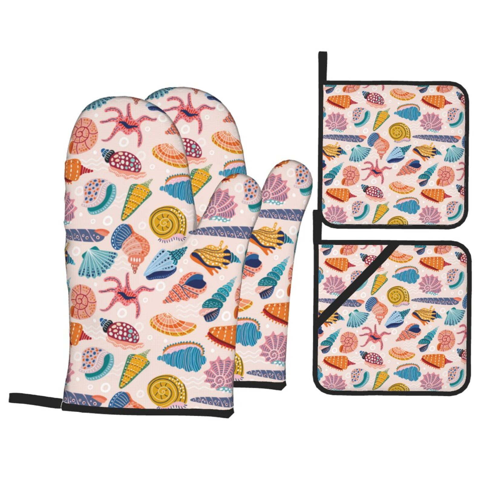 4 Pcs Oven Mitts and Pot Holders Set Doodle Seashell High Heat ...