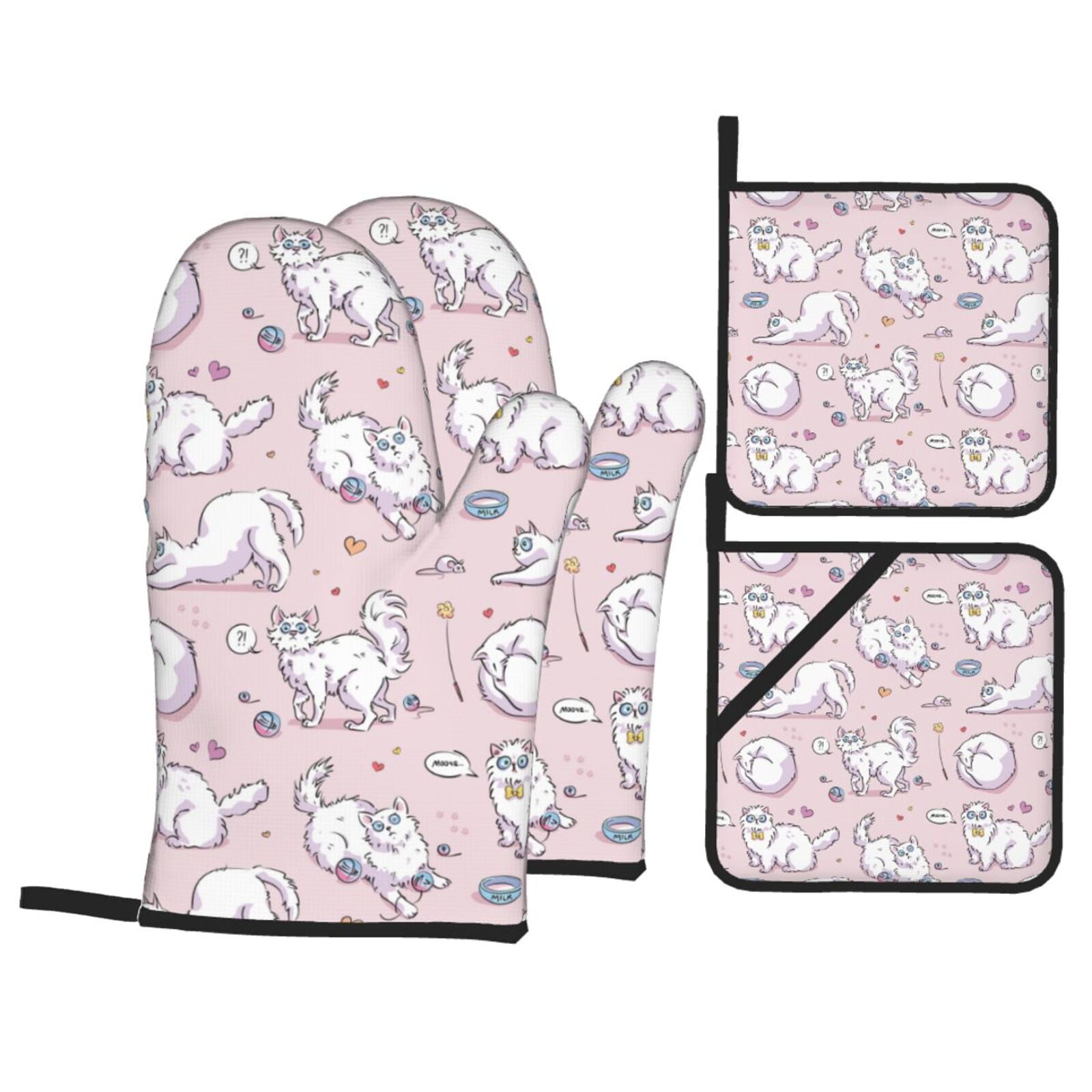 4 Pcs Oven Mitts and Pot Holders Set Funny Cute Cat Pink High Heat ...