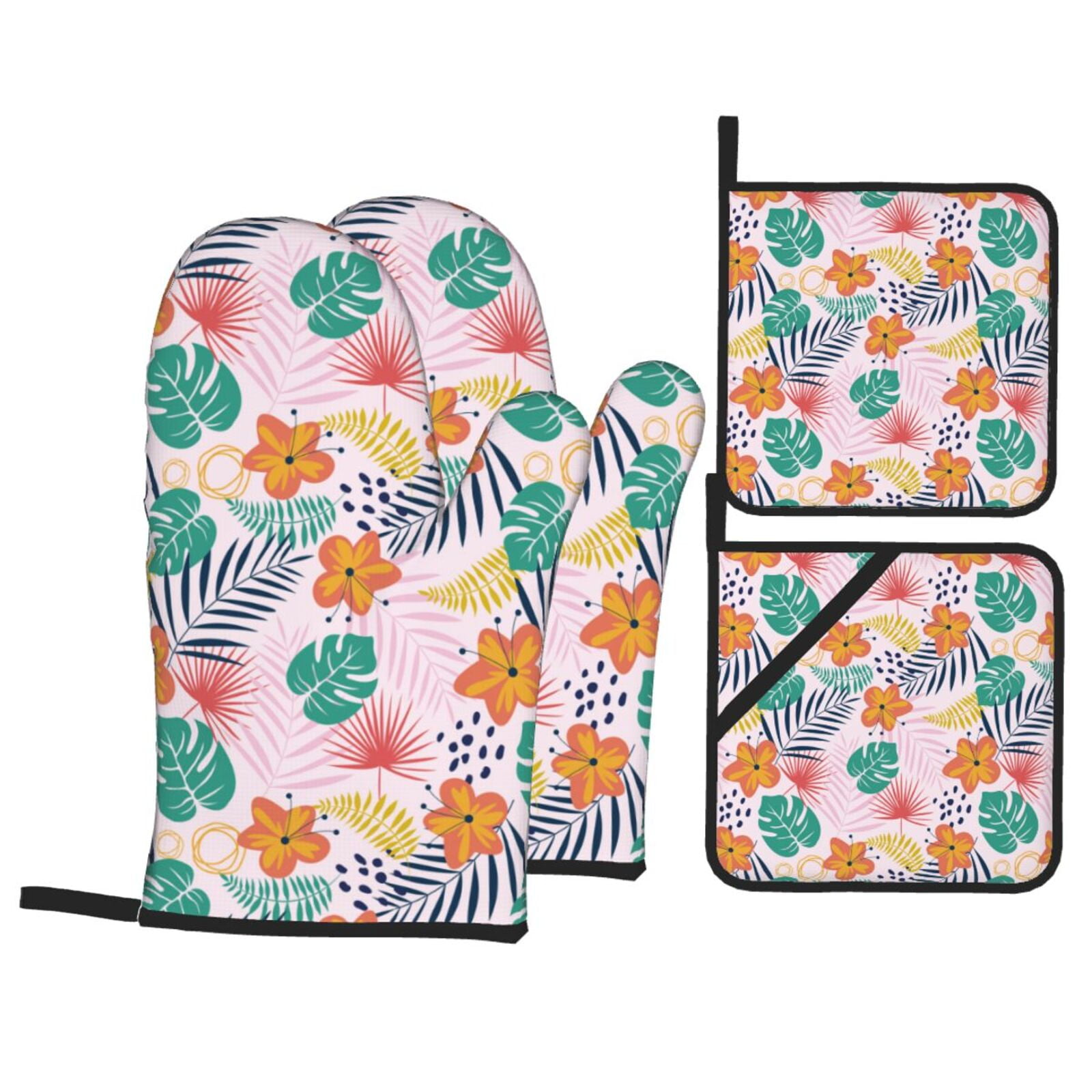 4 Pcs Oven Mitts and Pot Holders Set Tropical plants High Heat ...