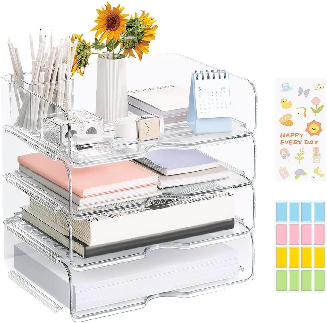 4 Pcs Paper Organizer Letter Tray for Desk, Stackable Clear File ...