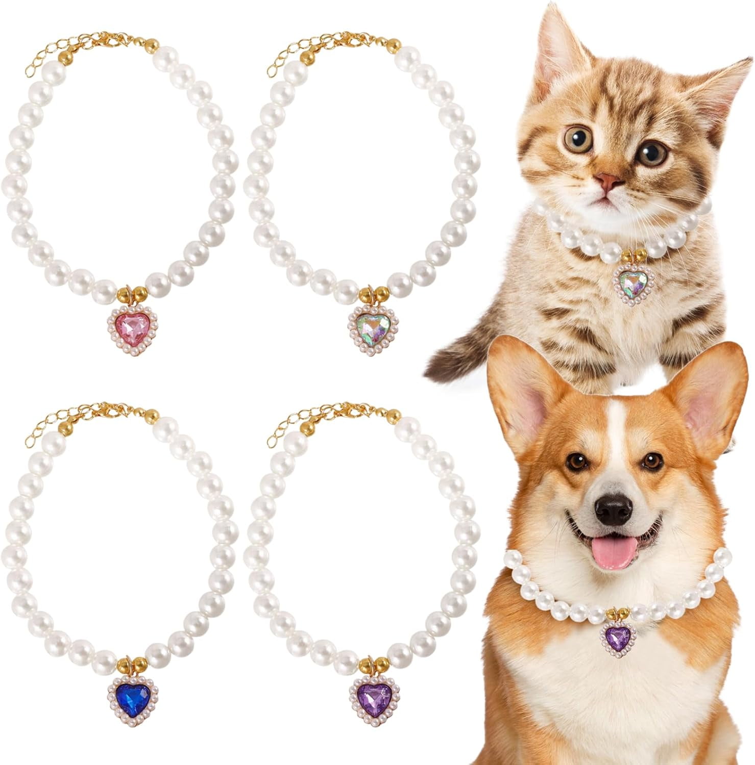 4 Pcs Pet Pearl Necklaces with Heart Shape Rhinestone Dog Cat Fancy ...