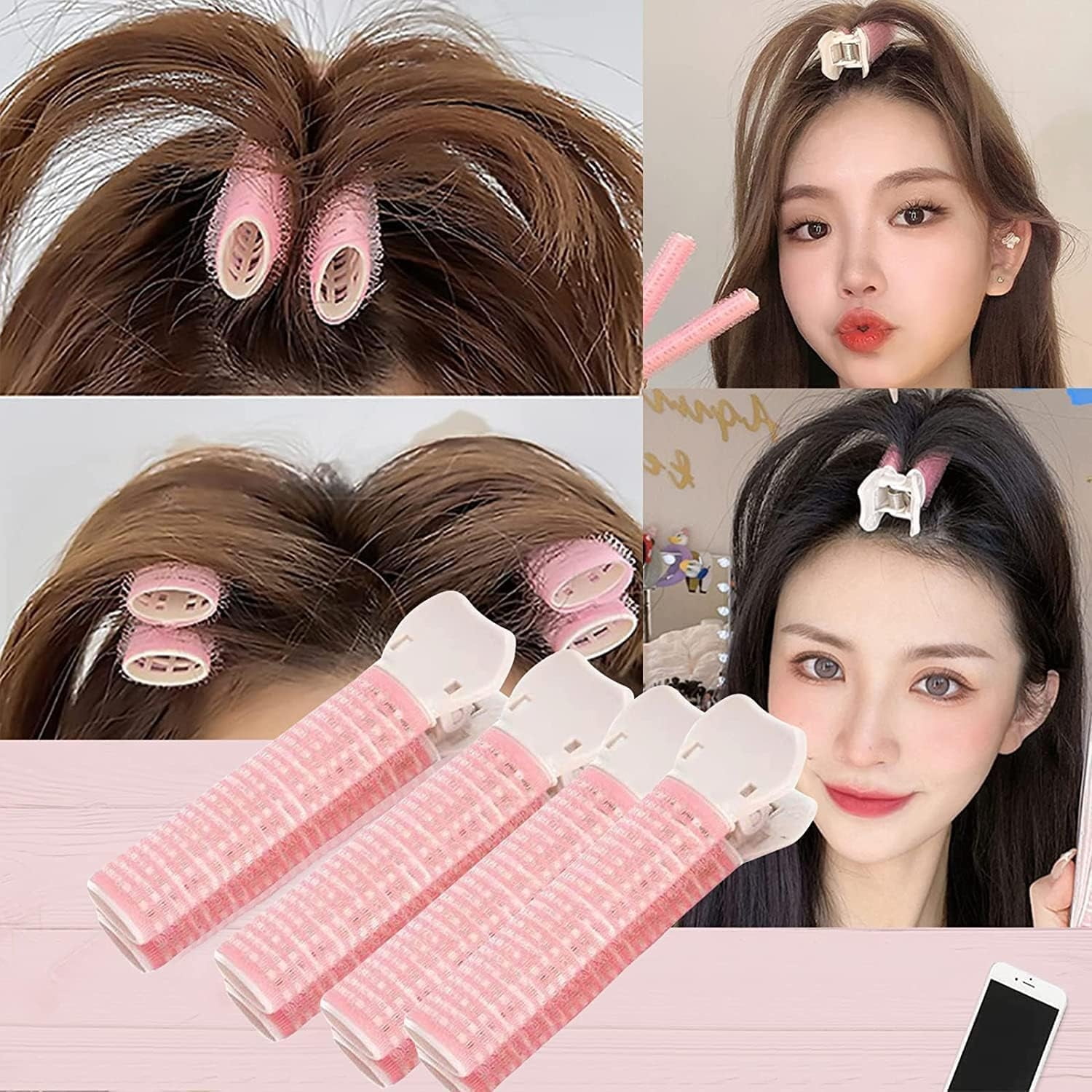 4 Pcs Pink Hair Rollers With Clip,Portable Hair Volume Clip,Volumizing ...