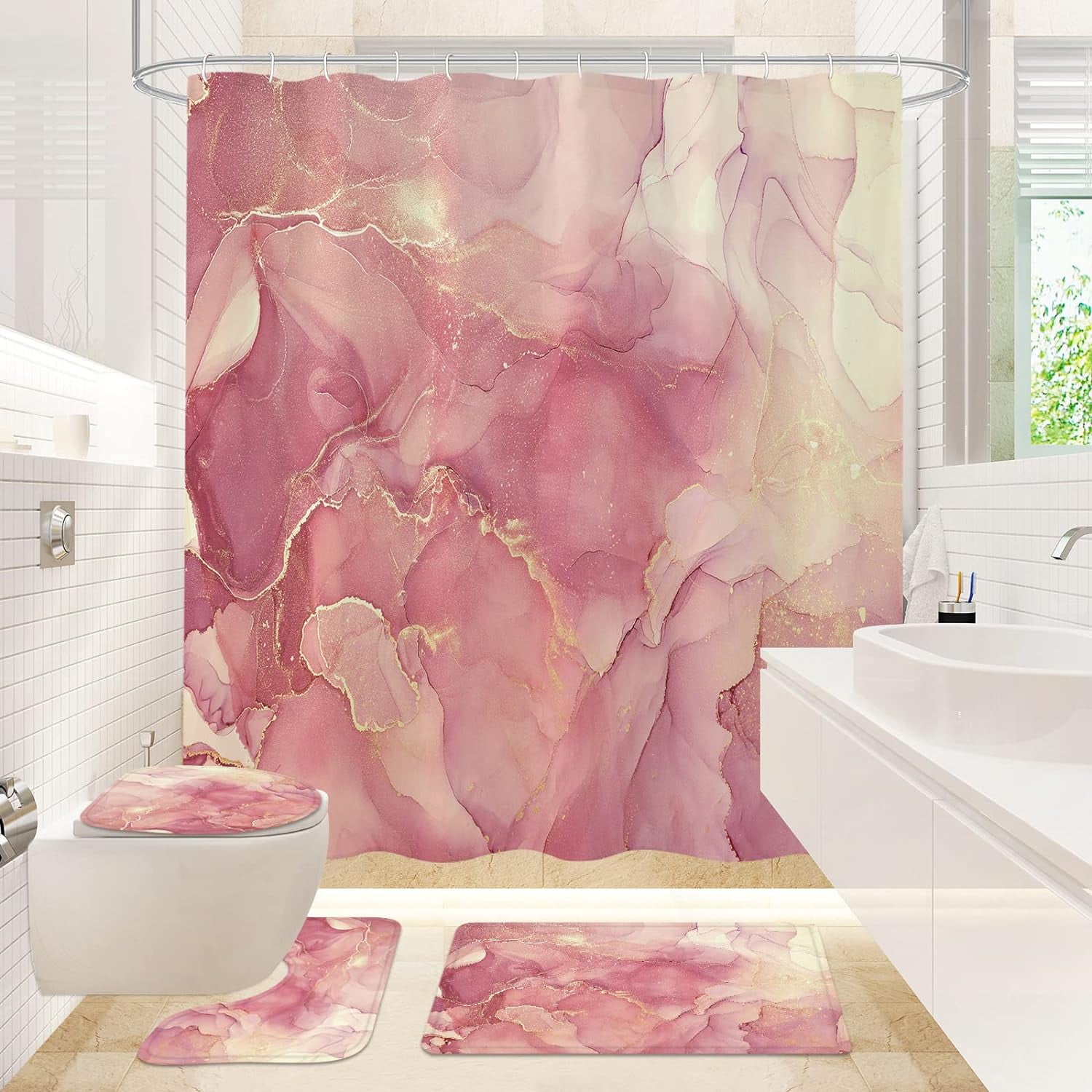 4 Pcs Pink Marble Shower Curtain Set With Non Slip Rugs Toilet Lid