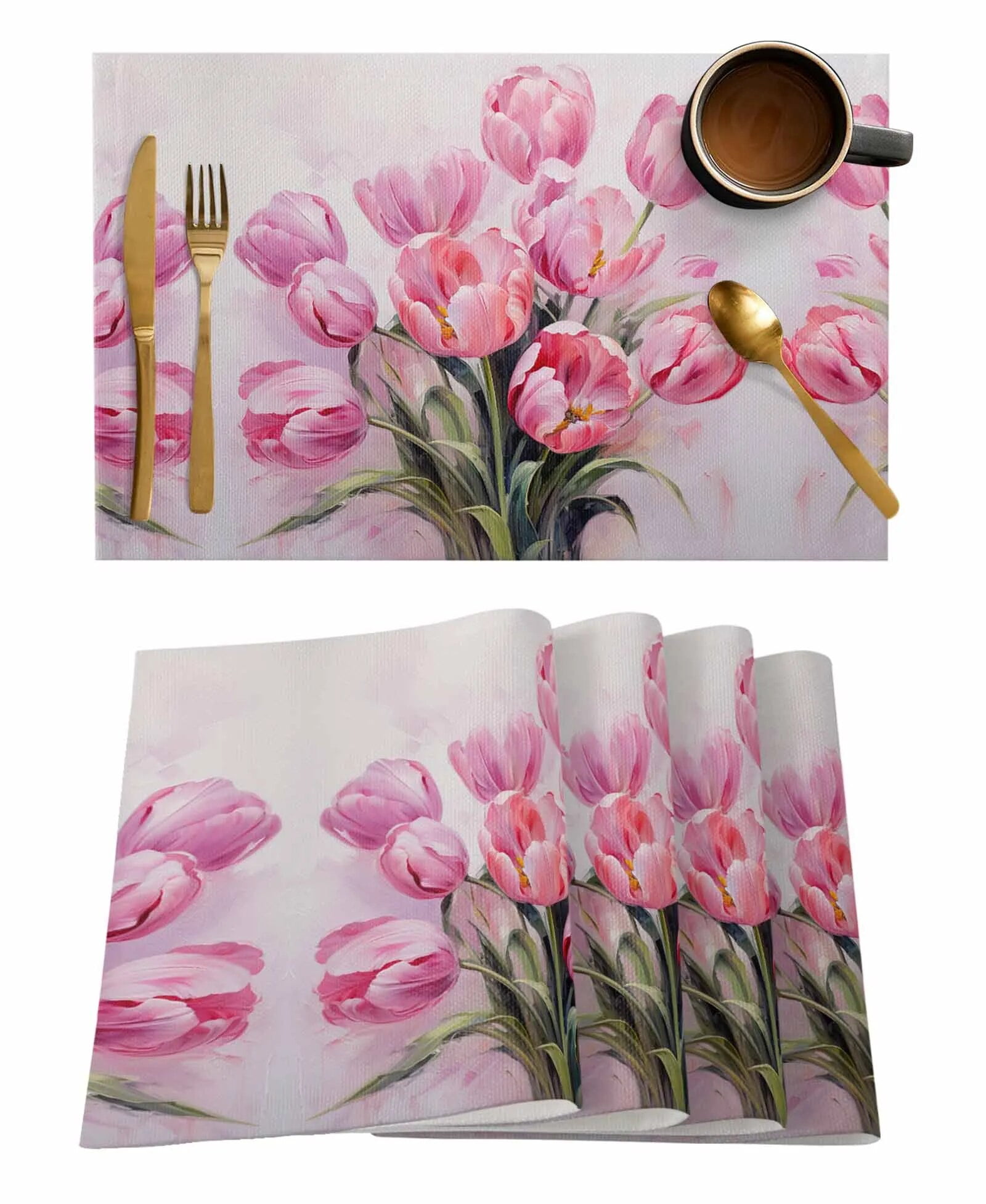 4 Pcs Pink Tulips Oil Painting Abstract Kitchen Placemat Dining Table ...