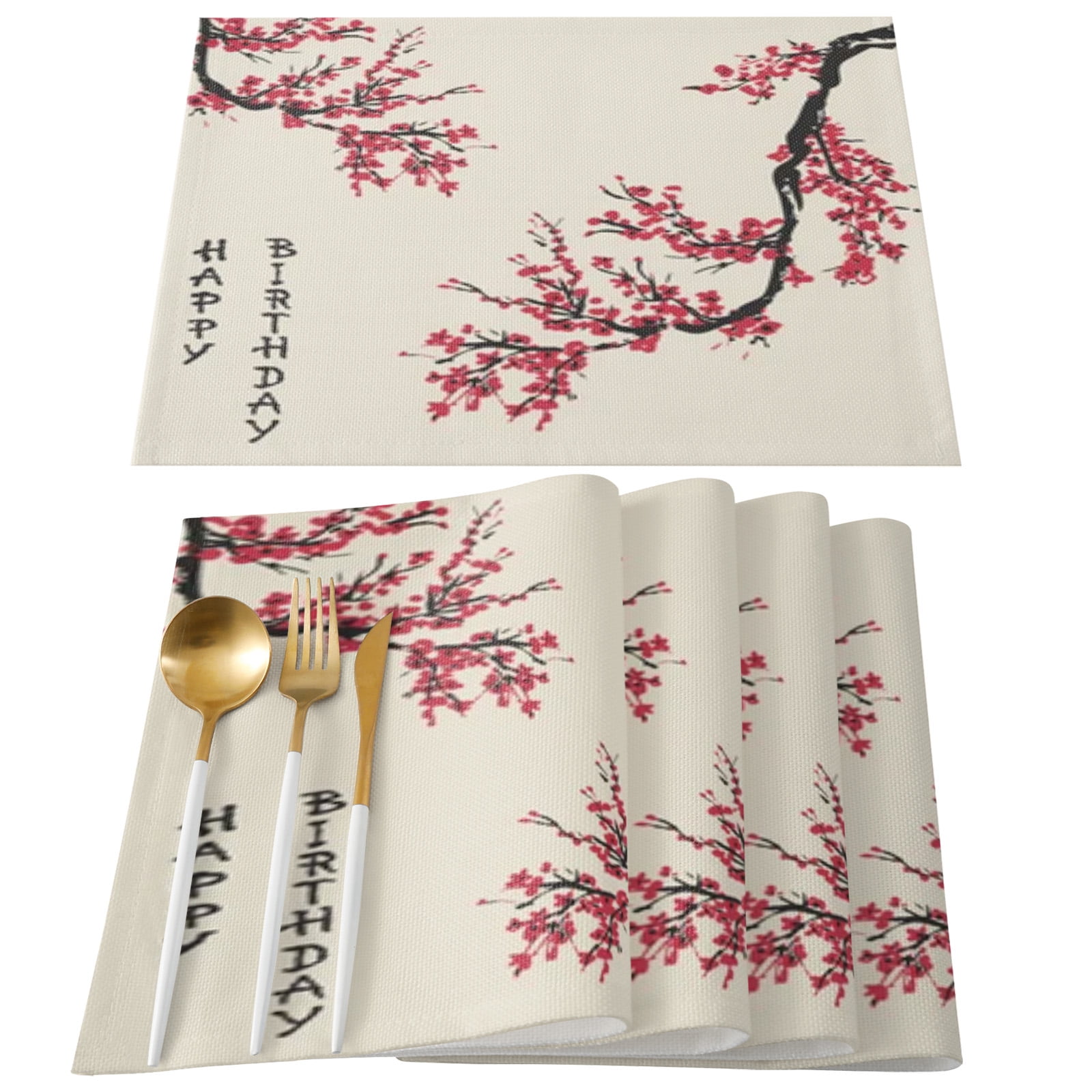 4 Pcs Placemat Hand Drawn Blooming Sakura Table Mat For Dining Table ...