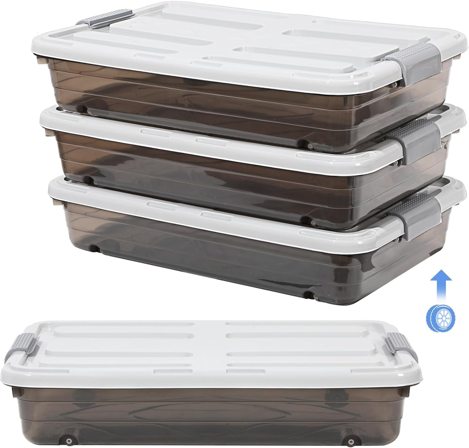 4 Pcs Plastic Under Bed Storage Containers with Lid Wheel Handle ...