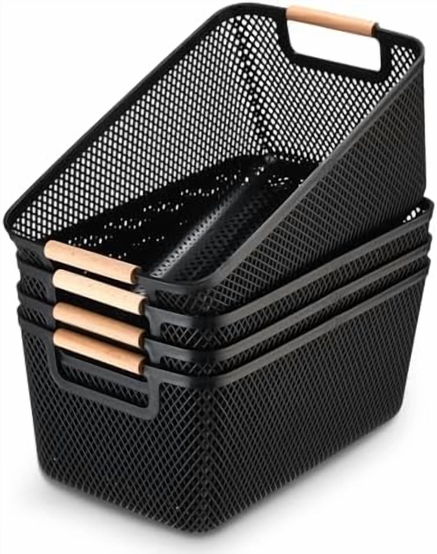4 Pcs Plastic Mesh Baskets with Wood Handle Woven Mesh Storage ...