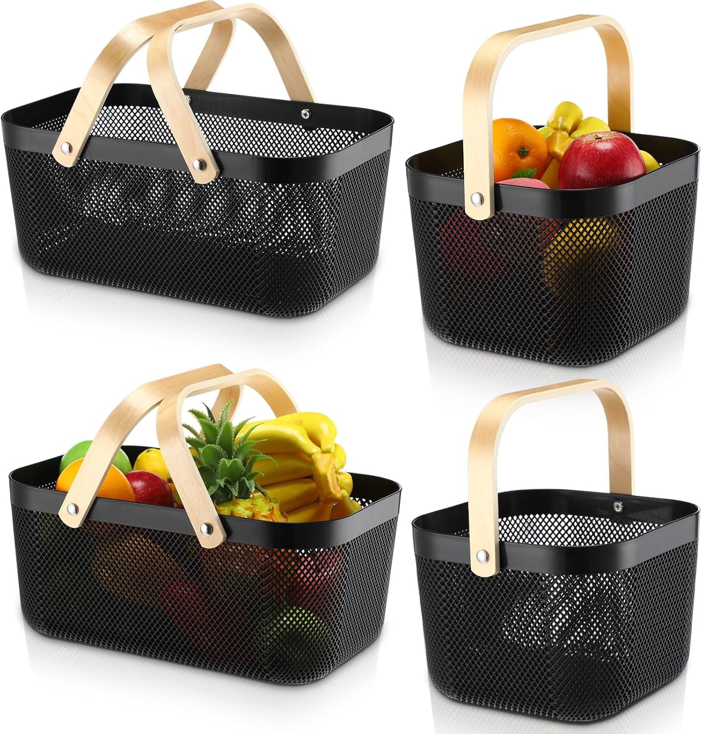 4 Pcs Plastic Mesh Garden Harvest Basket Storage Basket with Wooden ...