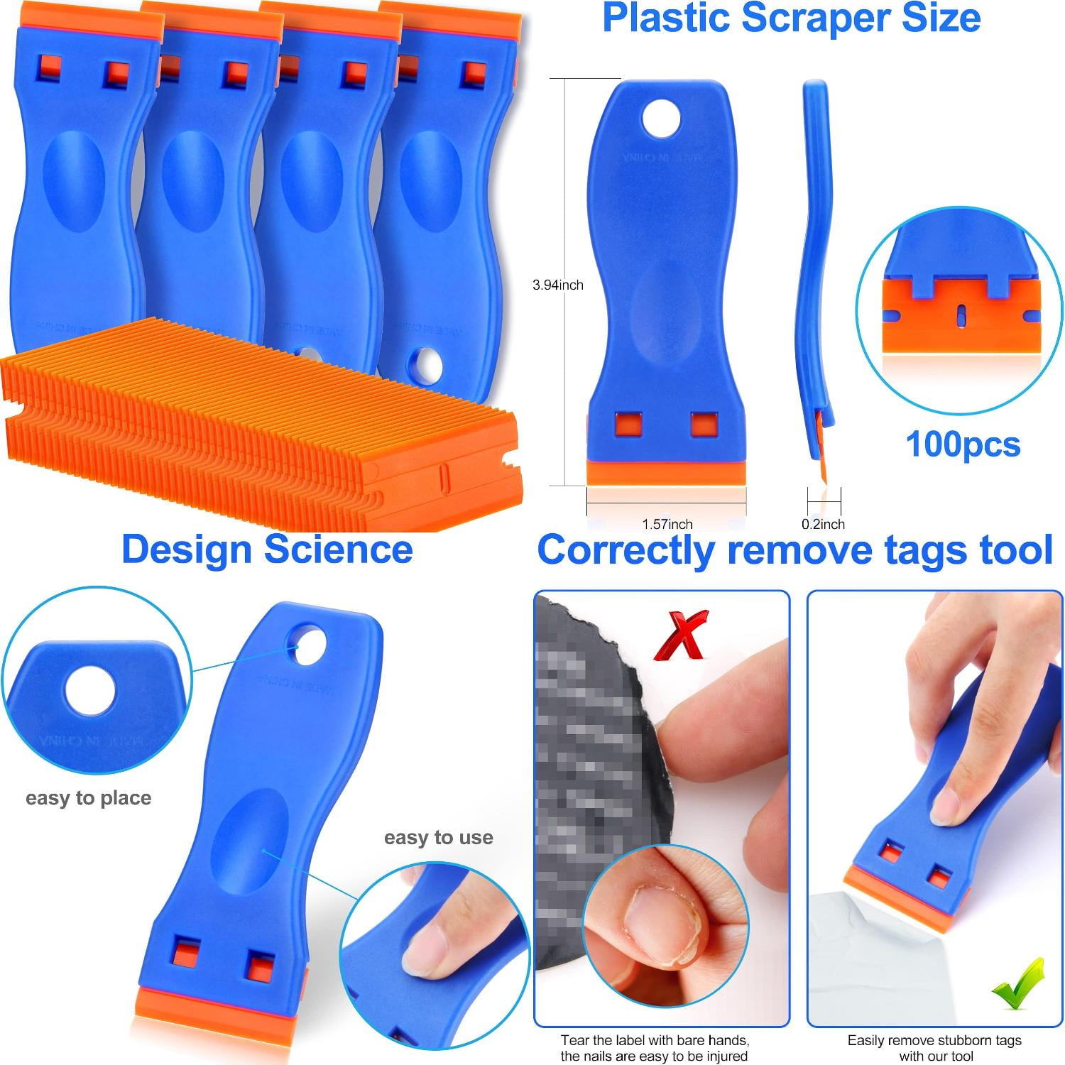 4 Pcs Plastic Razor Blade Scraper and 100 Pcs Blades Remove Label Decal ...