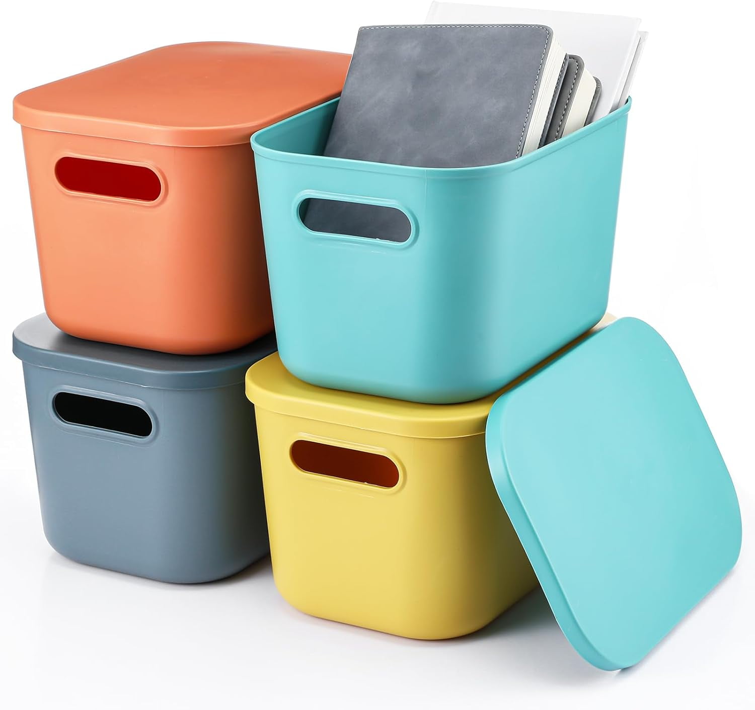 4 Pcs Plastic Storage Bins with Lid, Colorful Storage Bins for ...