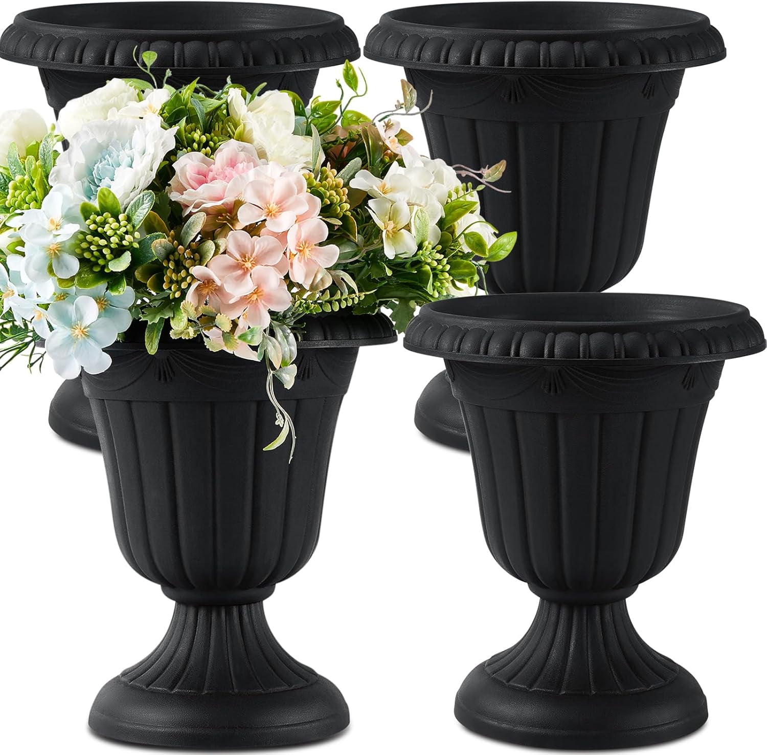 4 Pcs Plastic Urn Planter 10 x 11.5 Inch Black Classic Flower Pots ...