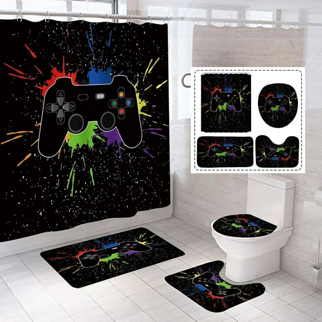 4 Pcs Play Game Shower Curtain Set, Abstract Videogame Controller ...