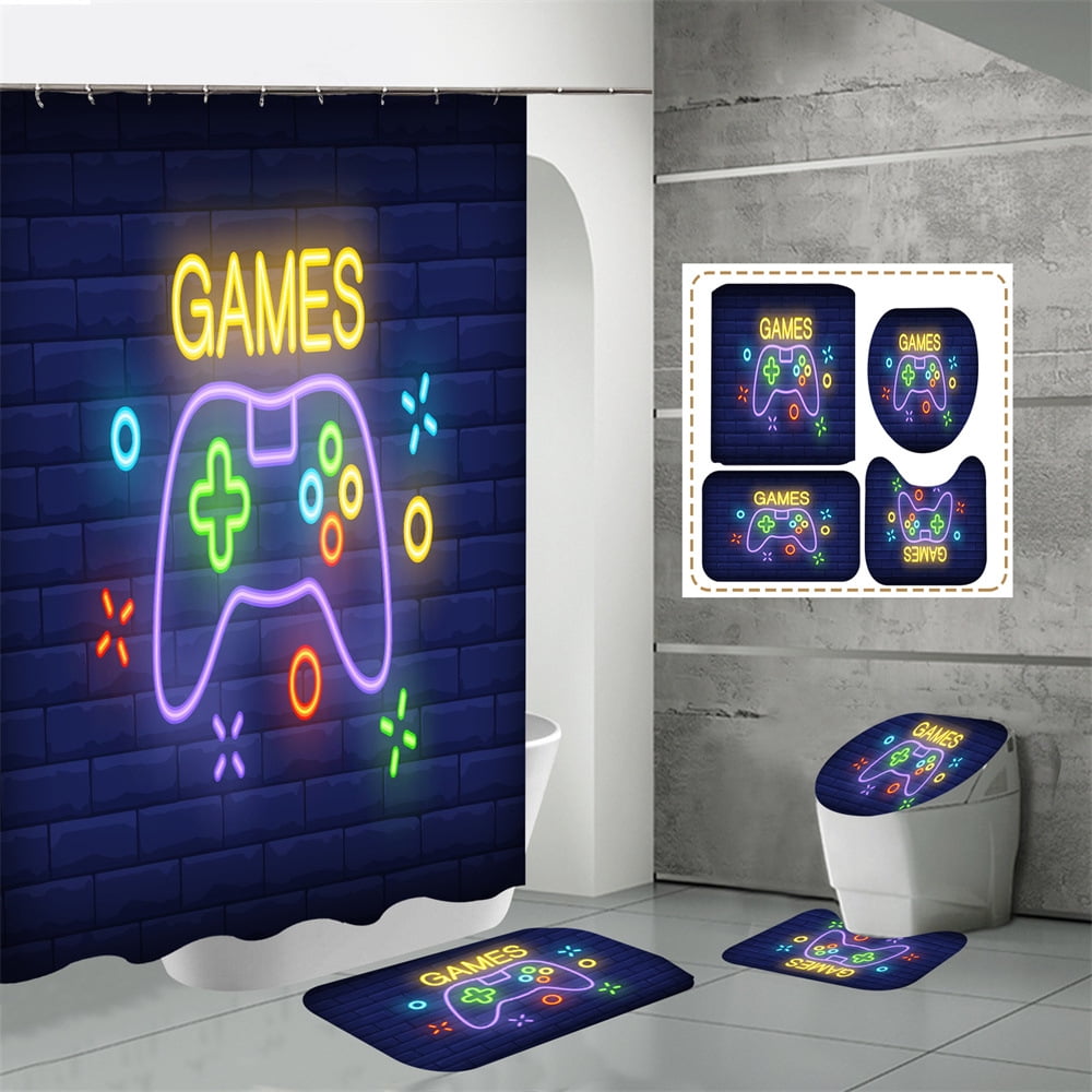 4 Pcs Play Game Shower Curtain Set, Abstract Videogame Controller ...