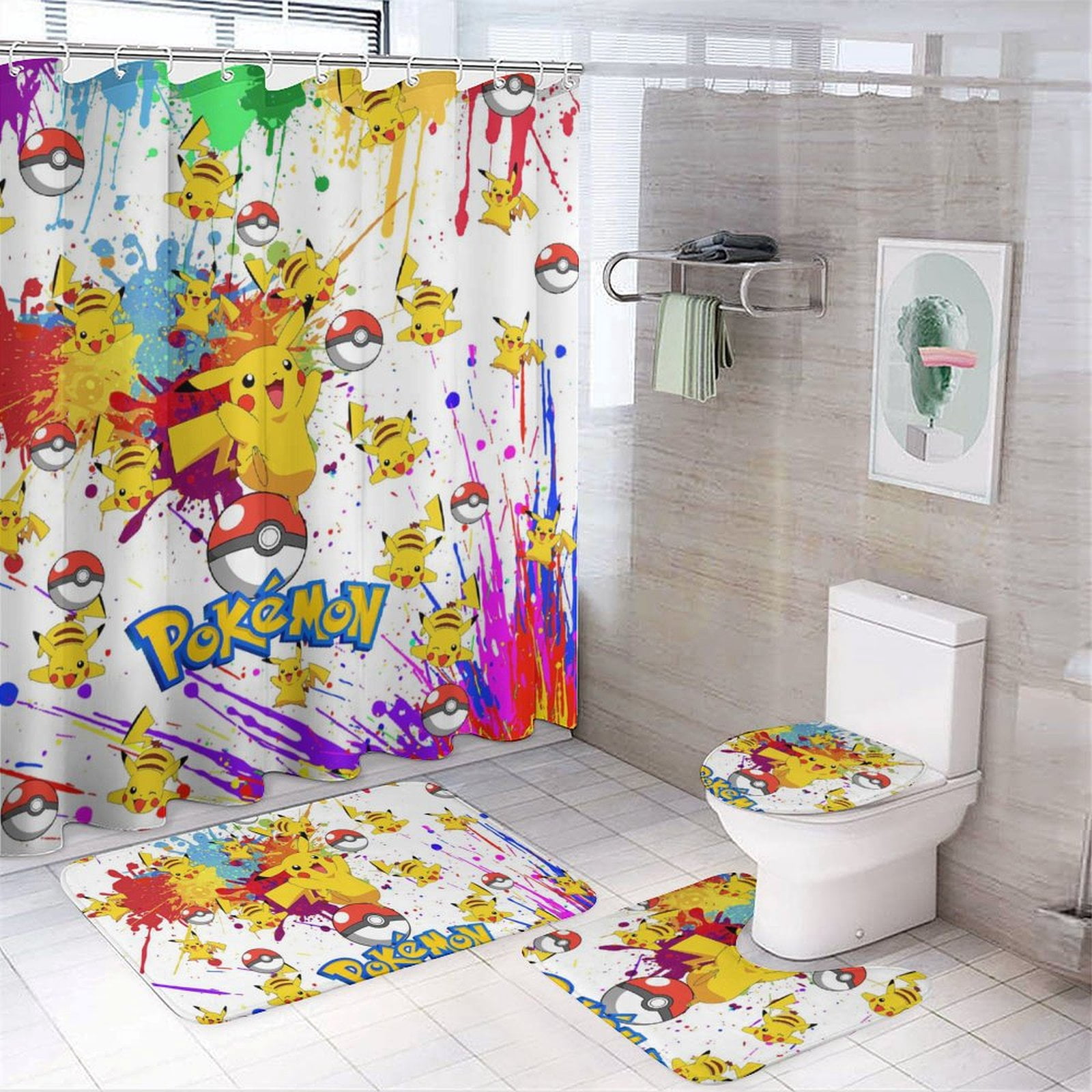 4 Pcs Pokemon Shower Curtain Set, Anime Shower Curtain with 12 Hooks ...