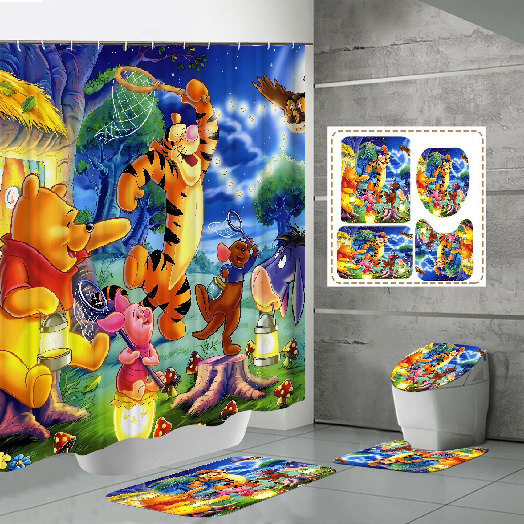 4 Pcs Pooh Bear Curtain Set Watercolor Pooh Bear Bathroom Sets Modern ...