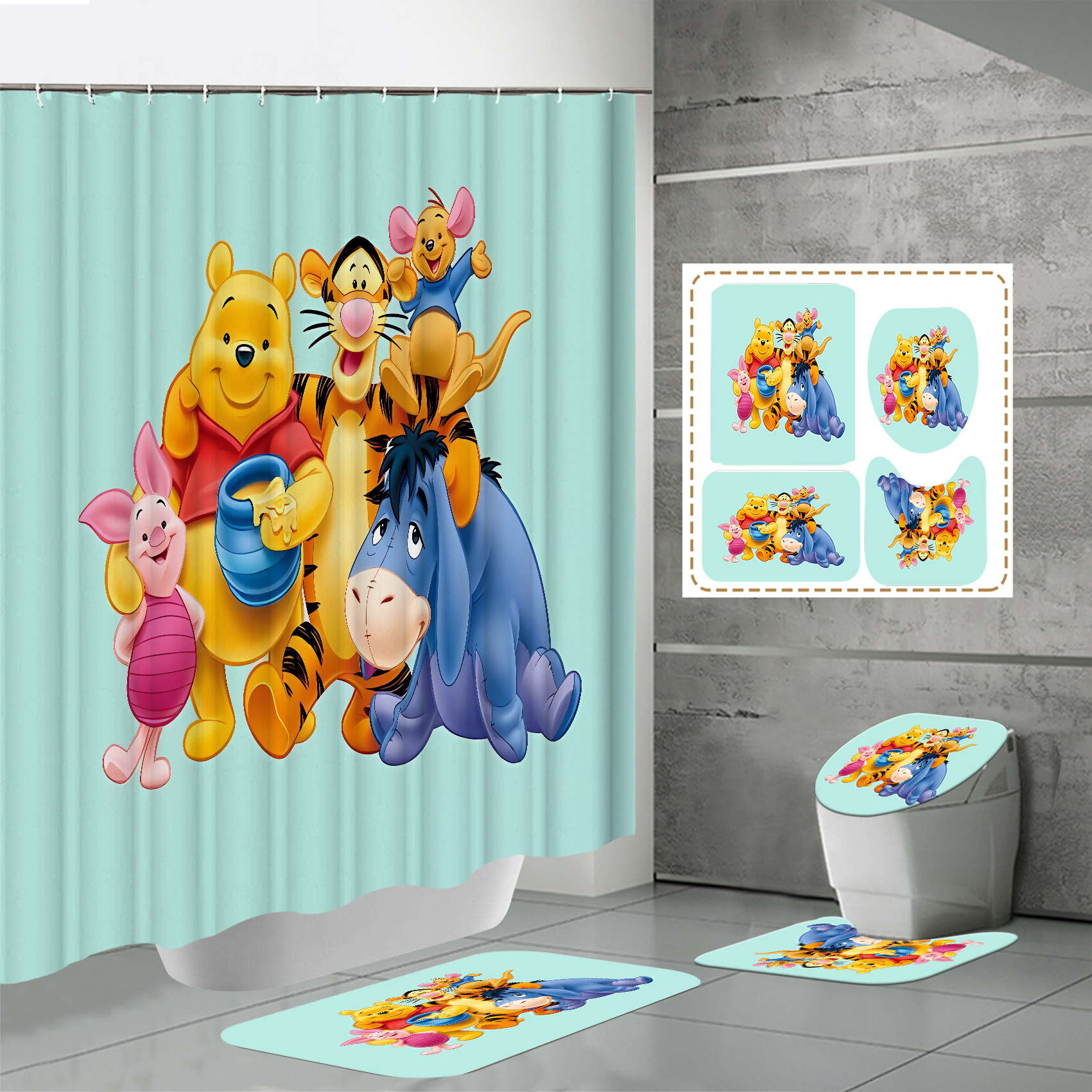 4 Pcs Pooh Bear Curtain Set Watercolor Pooh Bear Bathroom Sets Modern ...