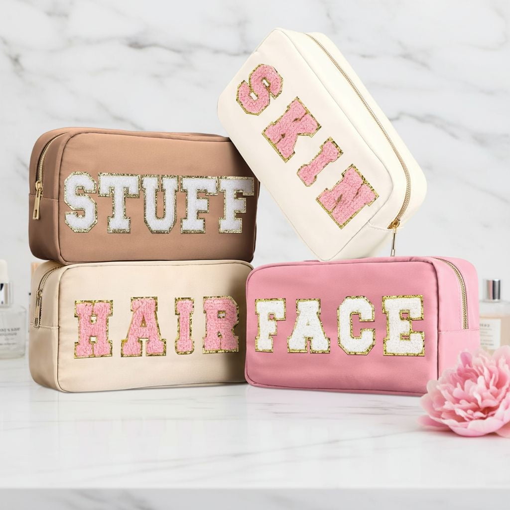 4 Pcs Preppy Makeup Bags Chenille Letter Stuff Bag Nylon Cosmetic Pouch ...