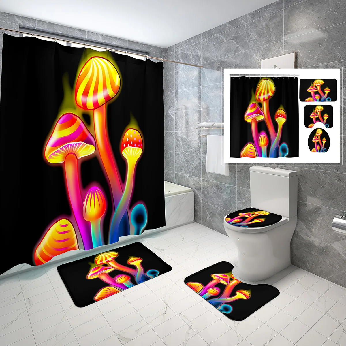 4 Pcs Psychedelic Mushrooms Shower Curtain Sets with Toilet Lid Cover and Non-slip Bath Mat ...