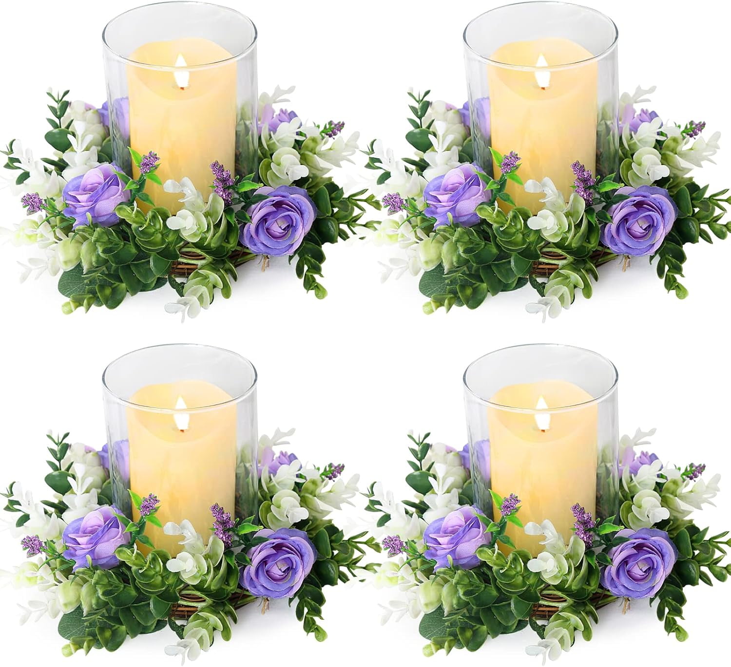 4 Pcs Purple Rose Candle Rings - Artificial Floral Wreaths with ...