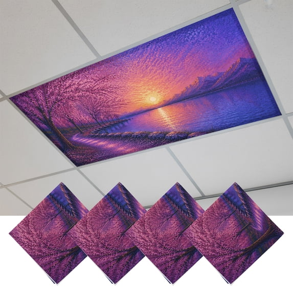 4 Pcs Purple Tree Fluorescent Light Covers Sunset Lakeside Path ...