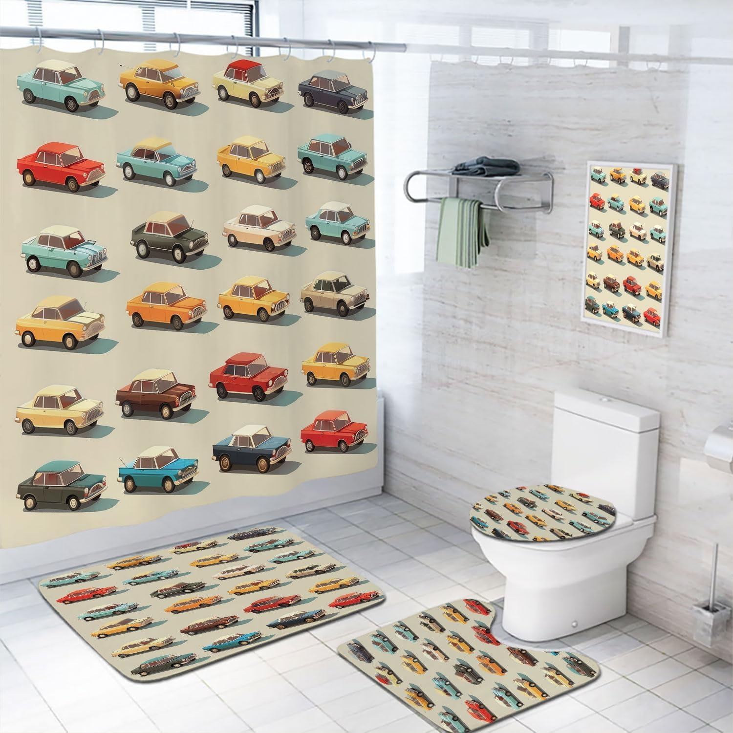 4 Pcs Racing Bathroom Shower Curtain Set with Rugs,Toilet Lid Cover ...