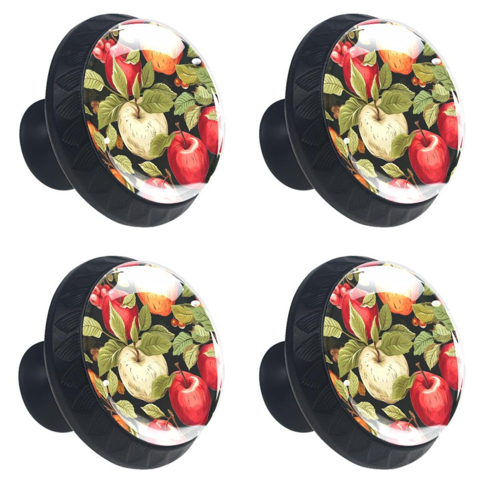 4 Pcs Red Apples Fruit Print Cabinet Knobs 30mm Round Crystal Glass ...