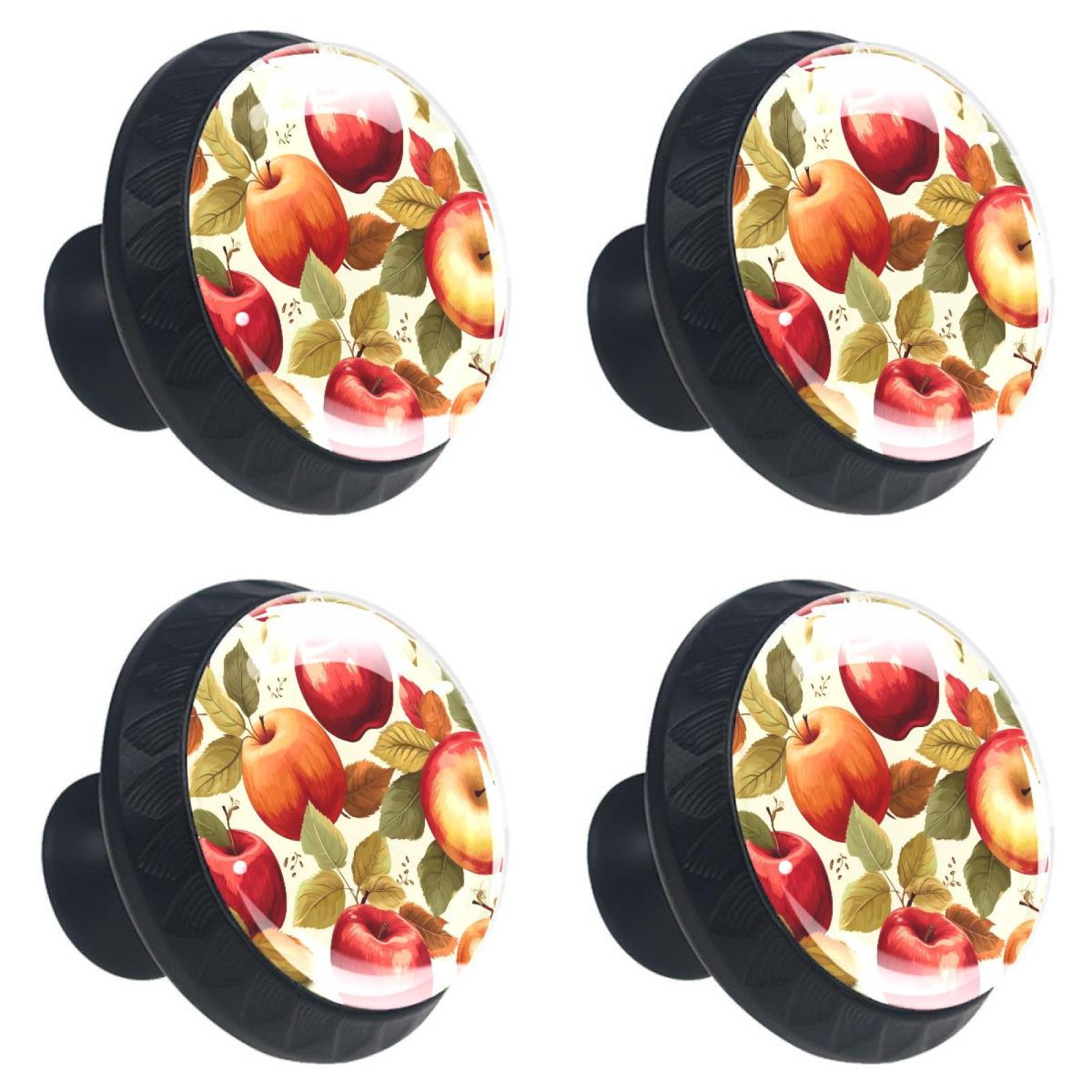 4 Pcs Red Apples Fruit Print Cabinet Knobs 30mm Round Crystal Glass ...