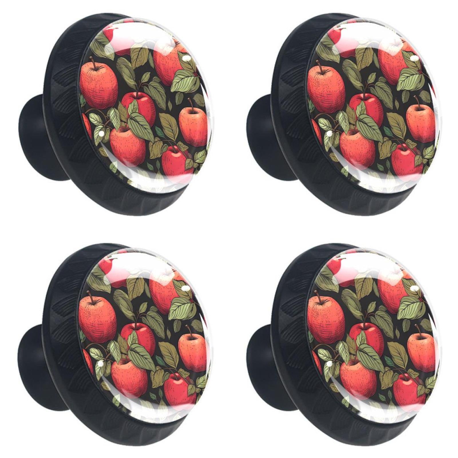 4 Pcs Red Apples Fruit Print Cabinet Knobs 30mm Round Crystal Glass ...