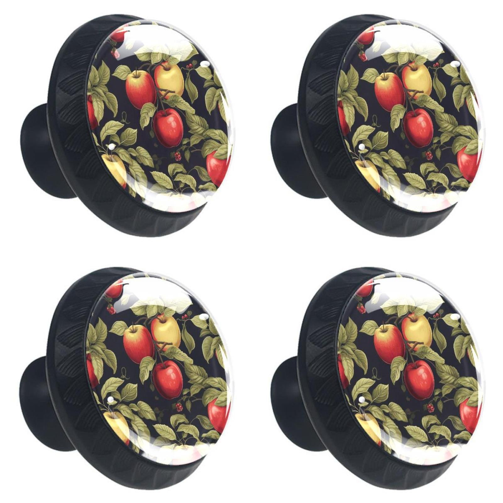 4 Pcs Red Apples Fruit Print Cabinet Knobs 30mm Round Crystal Glass ...